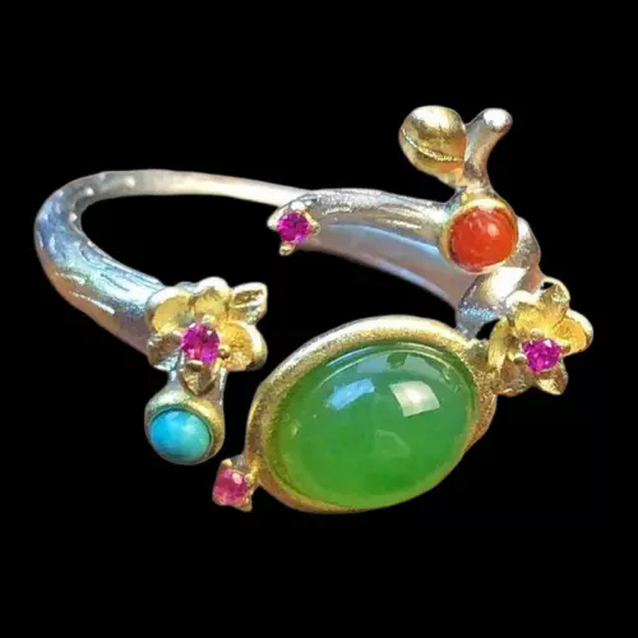 K-KED Women Green Jade Flower Rings Delicate Jewelry Carved Natural ...