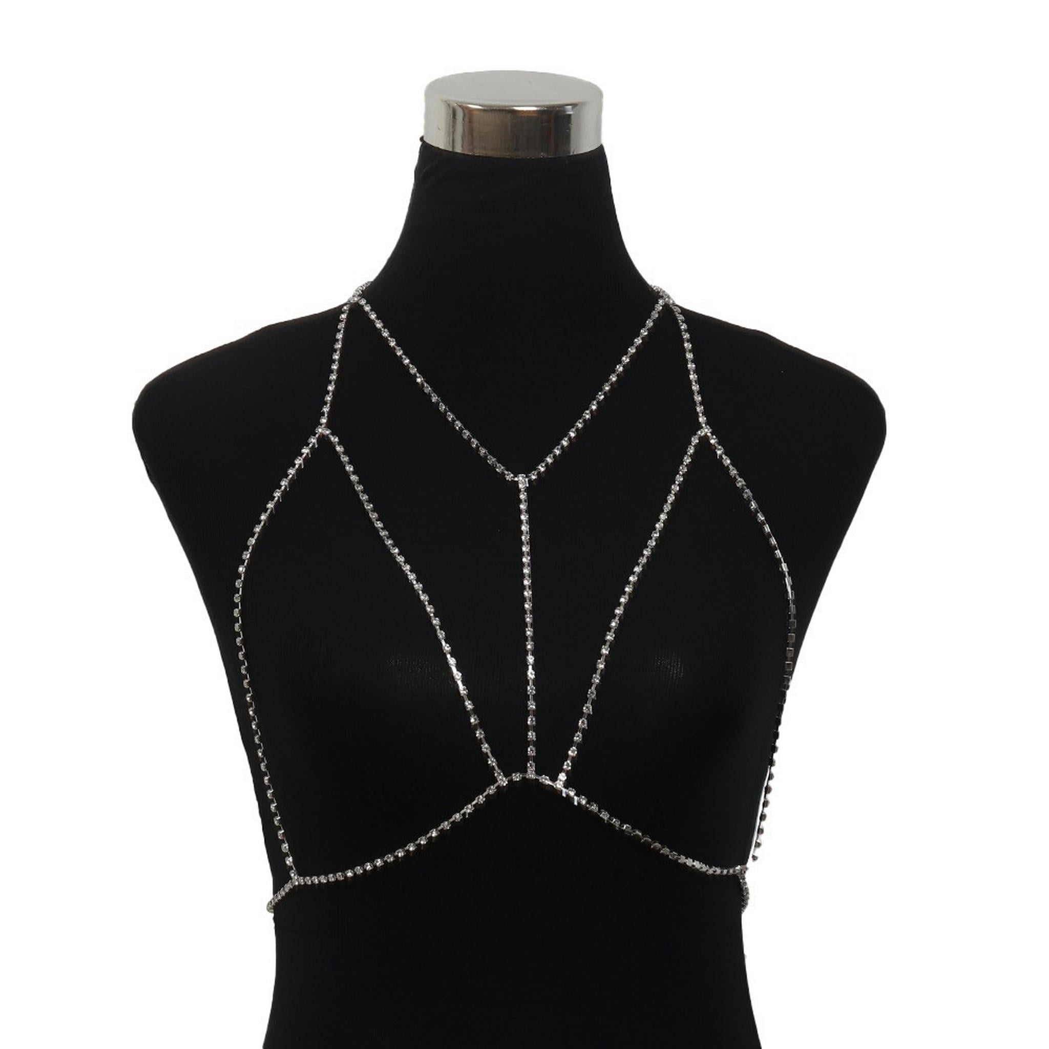 K-KED Women Sexy Chest Chain Multi layered Rhinestone Bohemian Beach Cross Body Chain-Silver ...