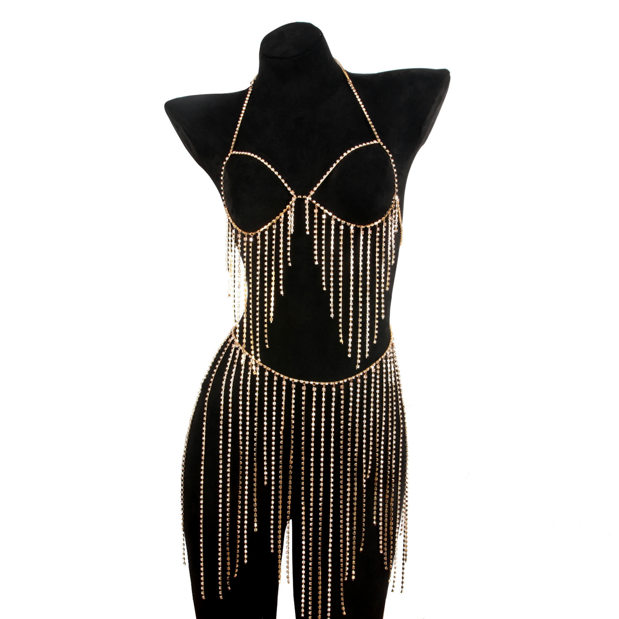 K-KED Women's Rhinestone Tassel Bra Skirt Belly Dance Body Chain ...