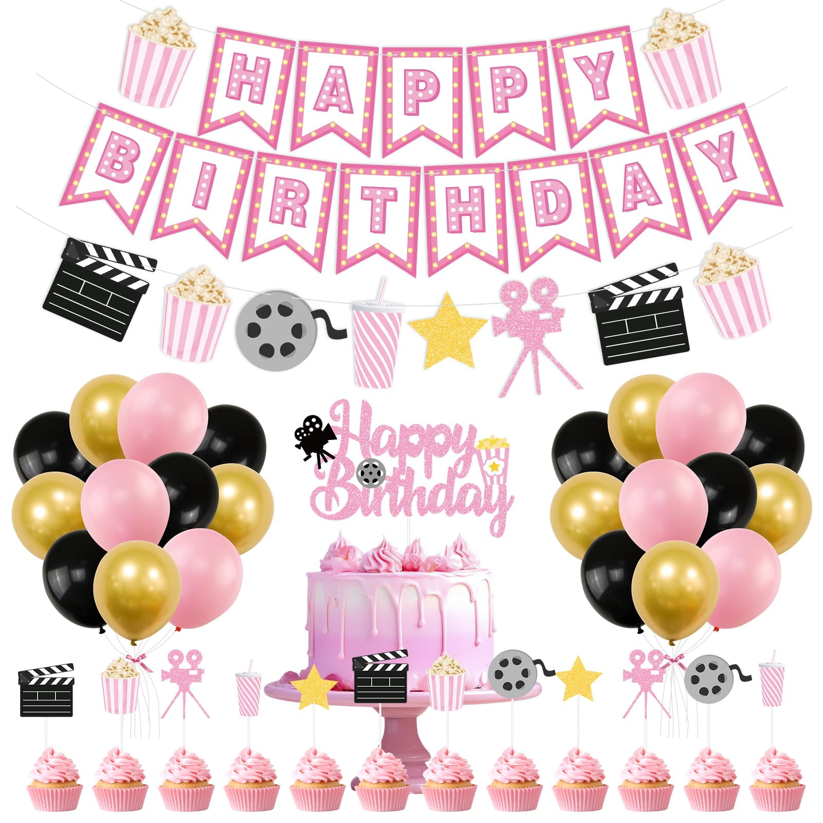 K KUMEED Movie Night Birthday Decorations – Popcorn & Camera Theme with ...