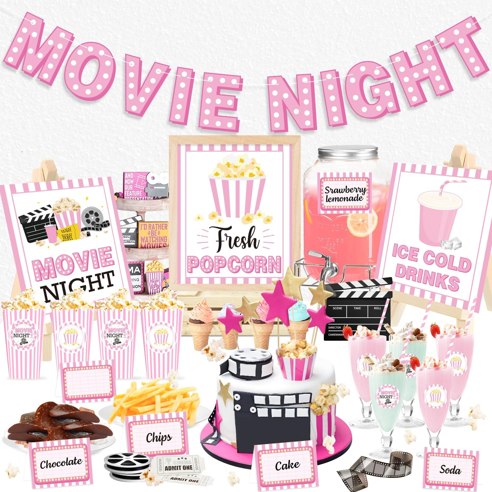 K KUMEED Movie Night Party Decorations-Pink Movie Night Banner Cute ...