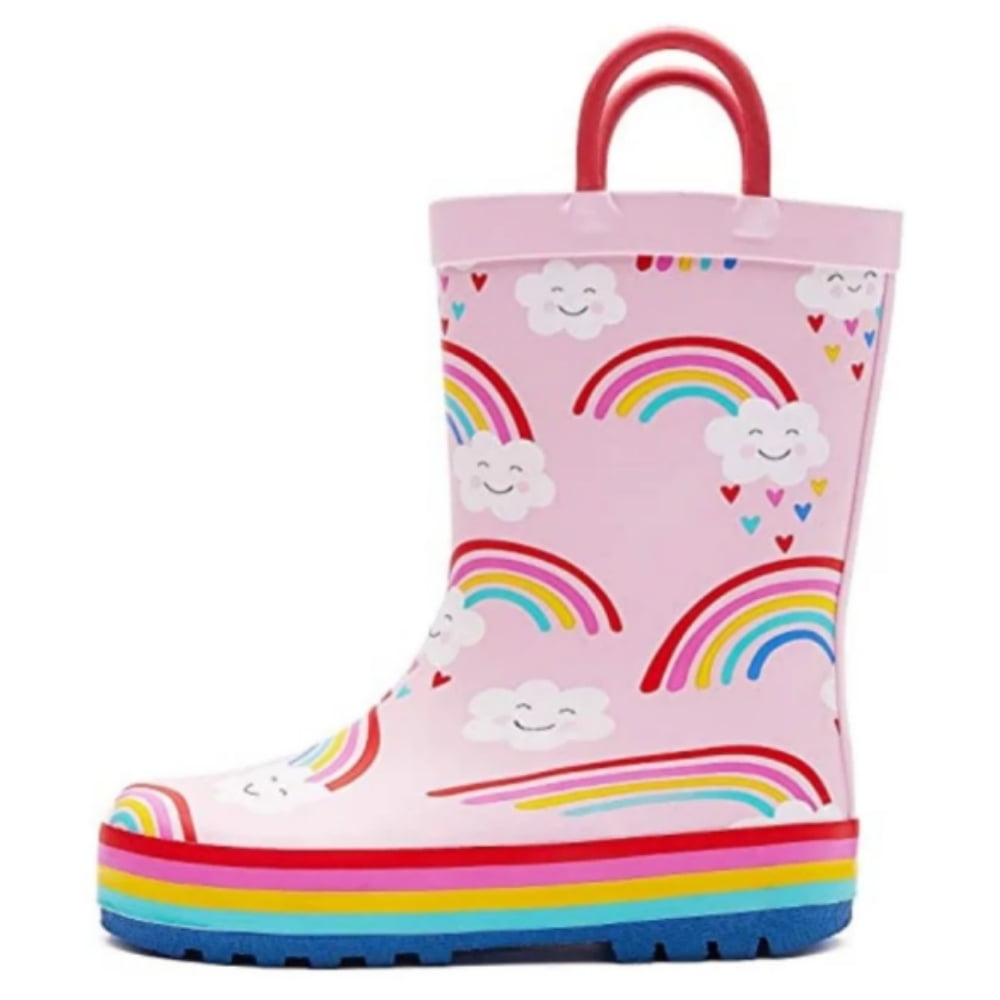 Kushyshoo Kids Rain Boots Rainbow Print Girls Rubber Boots with Handles ...