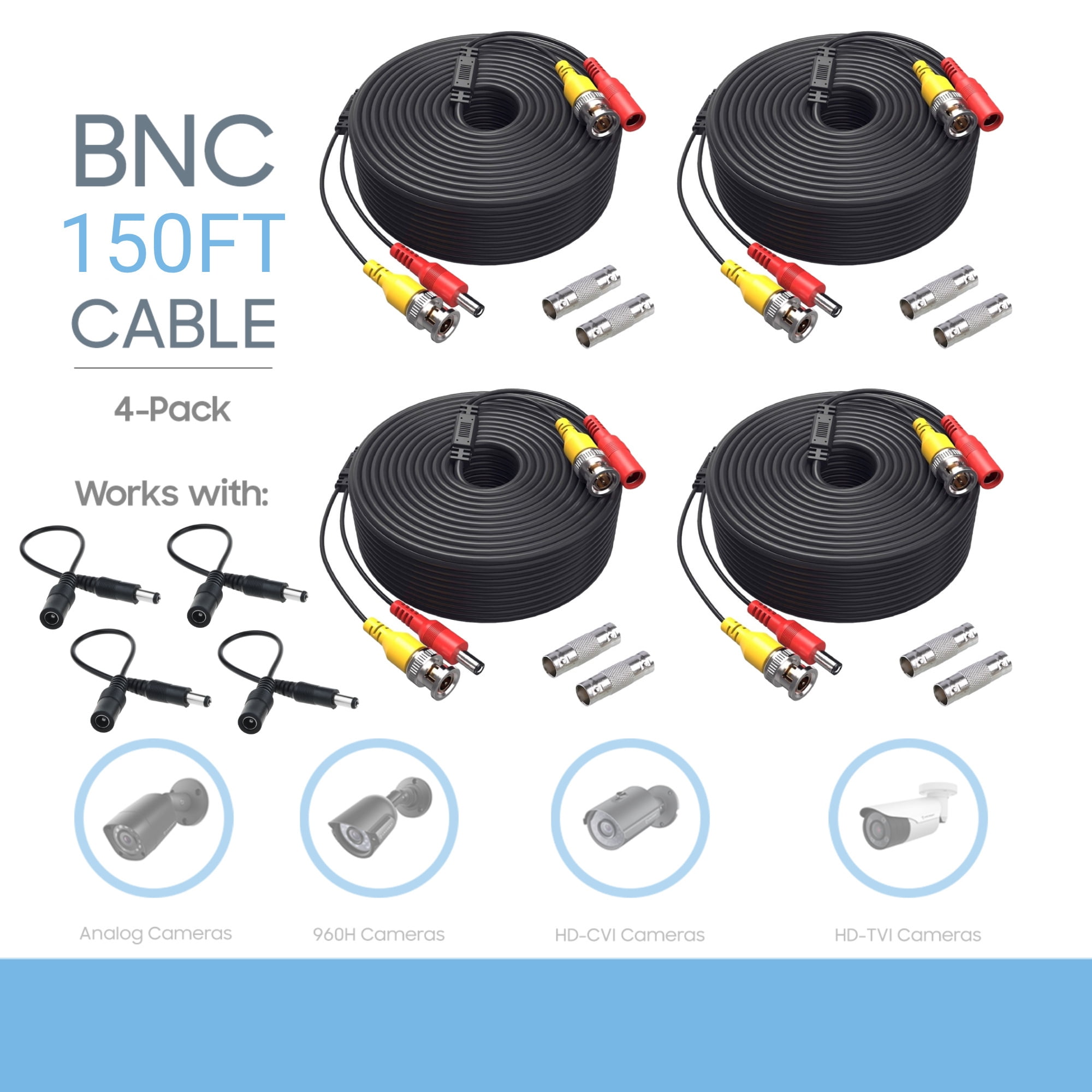 K-MAINS 4-Pack 150ft BNC Video & Power CCTV Cables with Adapters for ...