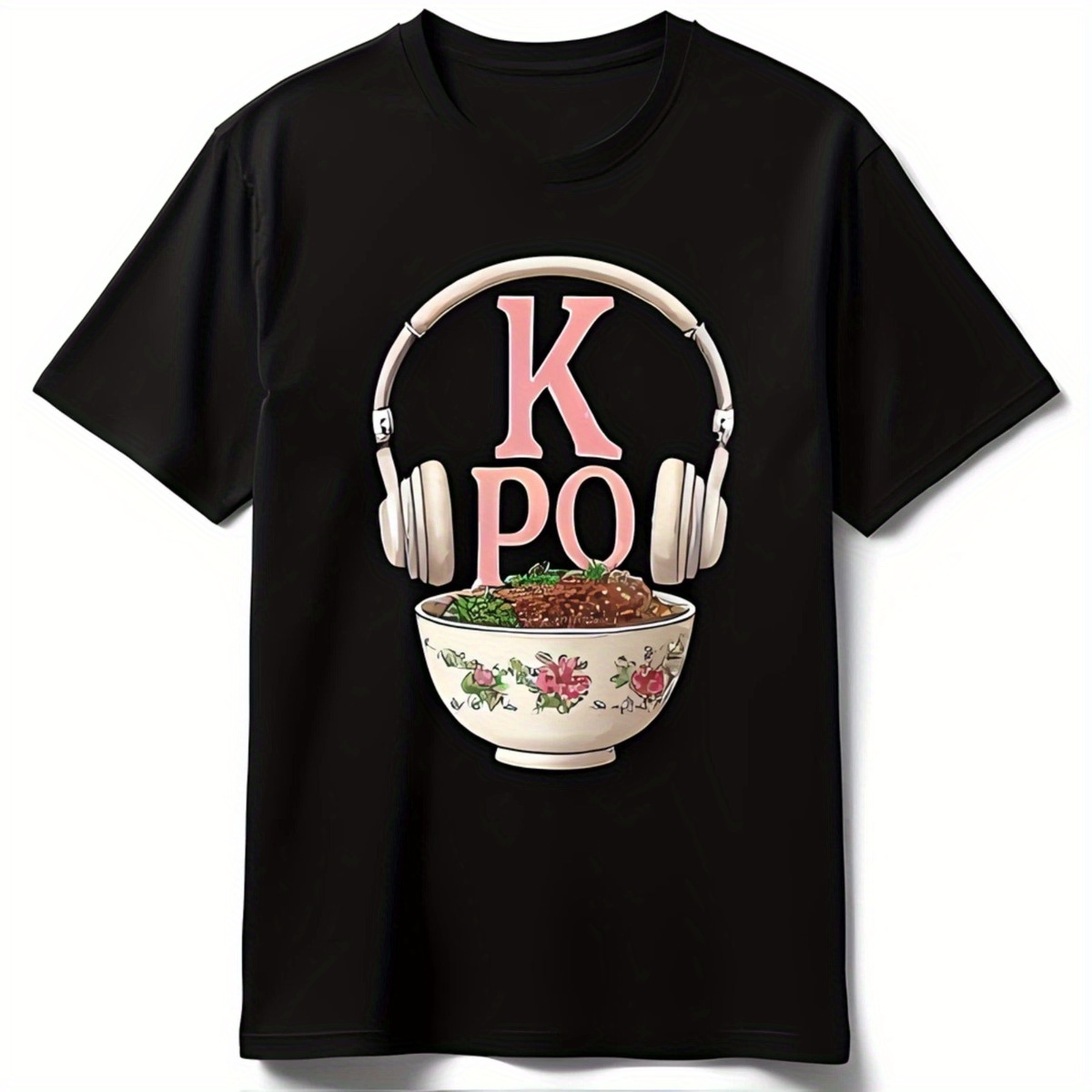 K Pop Inspired Black T-Shirt with Pink K and Headphones Over Ramen ...