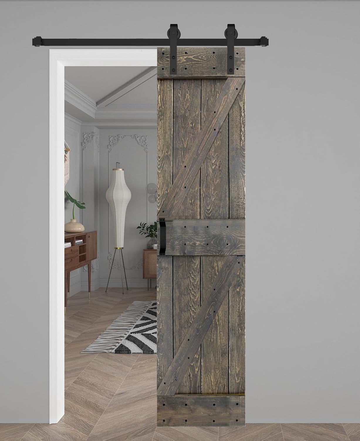 K Series 24in x 84in Smoky Gray Finished Solid Wood Barn Door with ...
