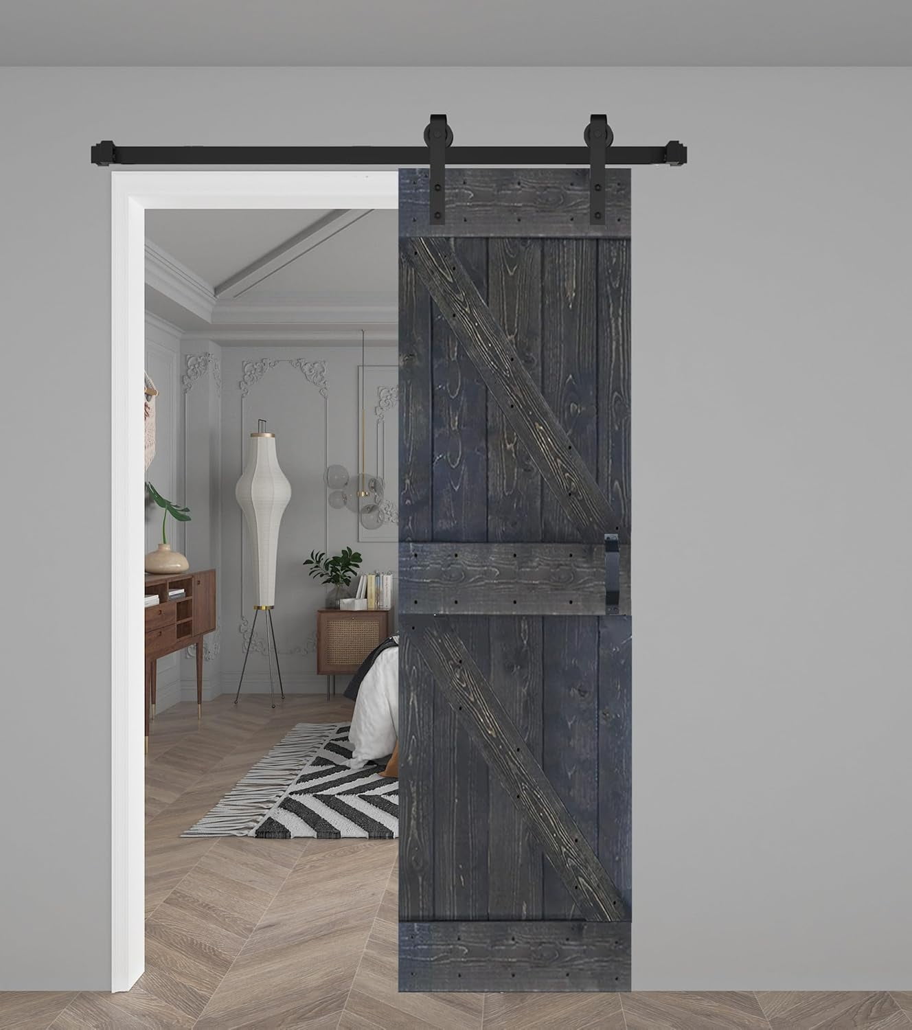 K Series 30in x 84in Carbon Gray Finished Solid Wood Barn Door with ...