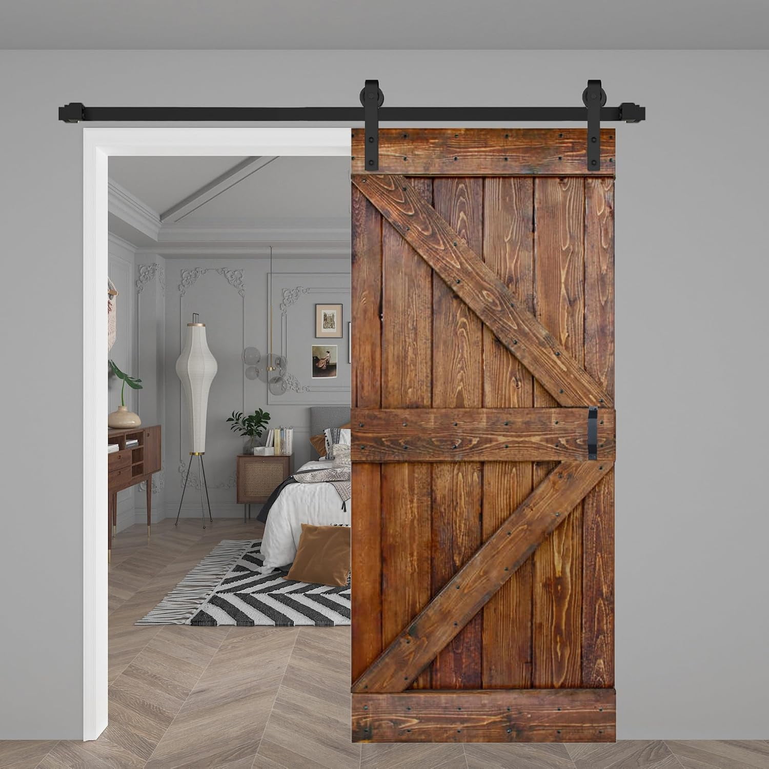 K Series 38in x 84in Classic Walnut Finished Solid Wood Barn Door with ...