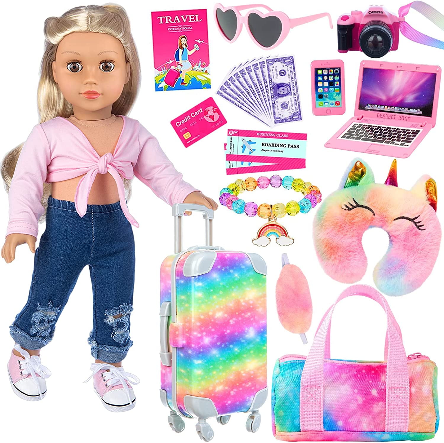 K.T. FANCY American 18 Inch Doll Travel Play Set, 23 PCS Suitcase Luggage with Accessories & Toy ...