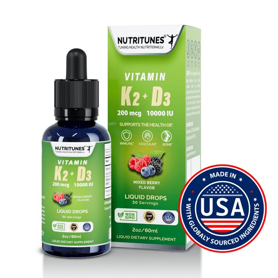 NUTRITUNES Liquid K2 D3 Drops with Vitamin D3 10,000 IU and K2 200 mcg ...