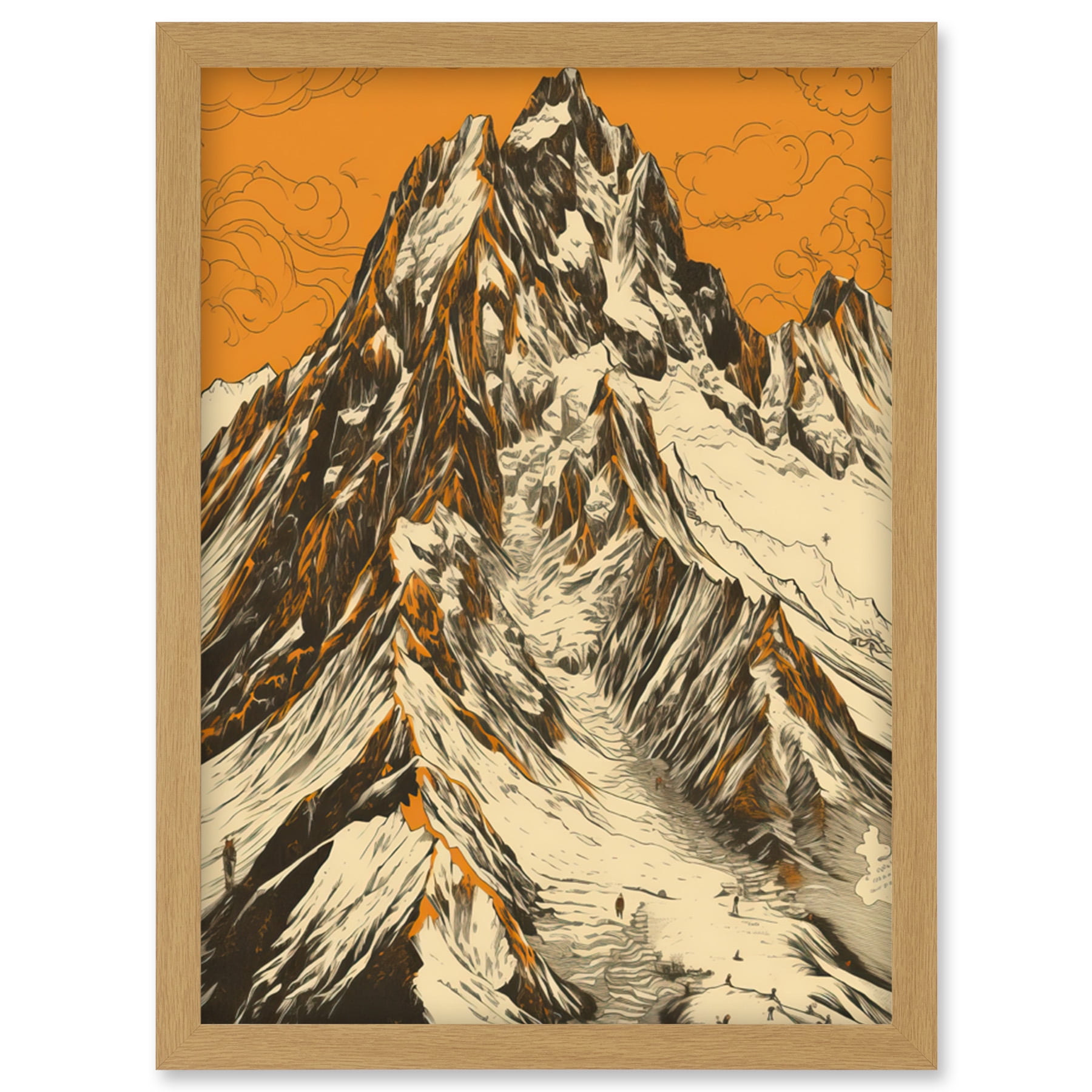K2 Mountain Peak Summit Climbers White and Orange Artwork Framed Wall ...
