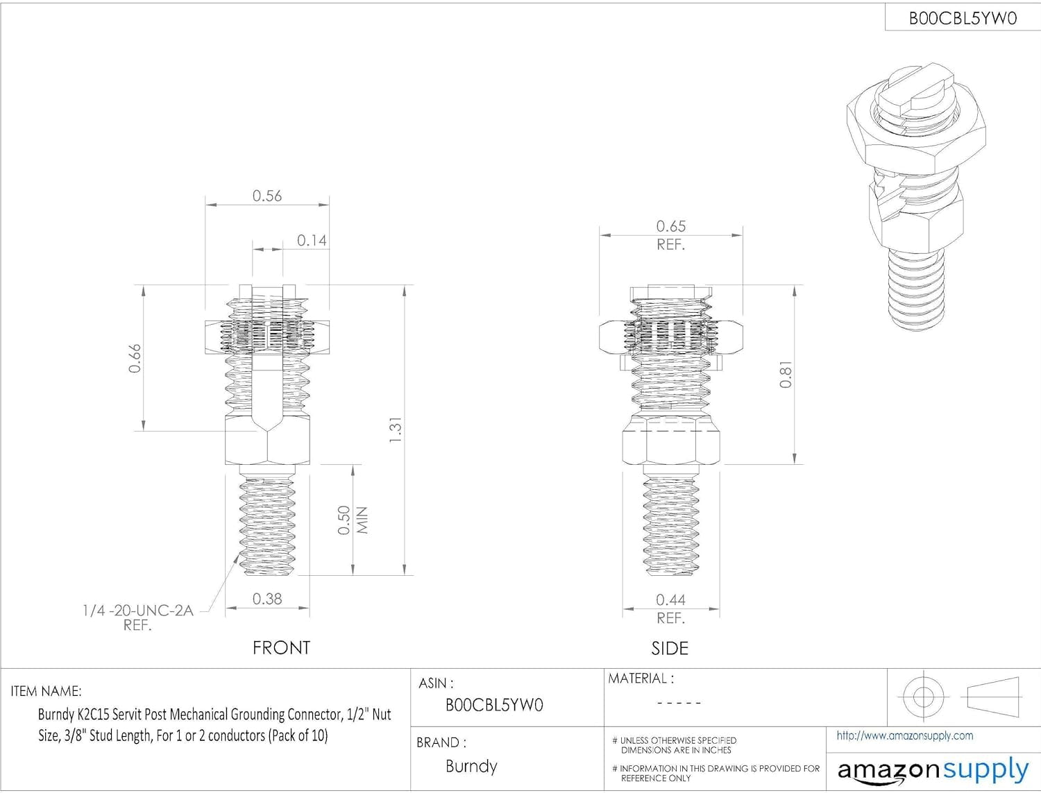 K2C15 Servit Post Mechanical Grounding Connector, 1/2" Nut Size, 3/8 ...