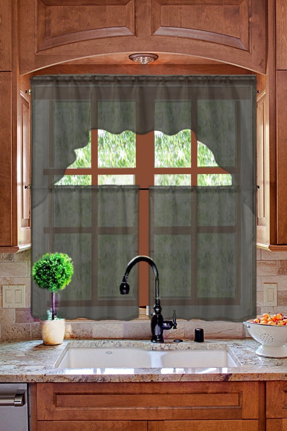 "Gorgeous Home LINEN Charcoal 3-Pc Sheer Organza Kitchen Curtains, Rod ...
