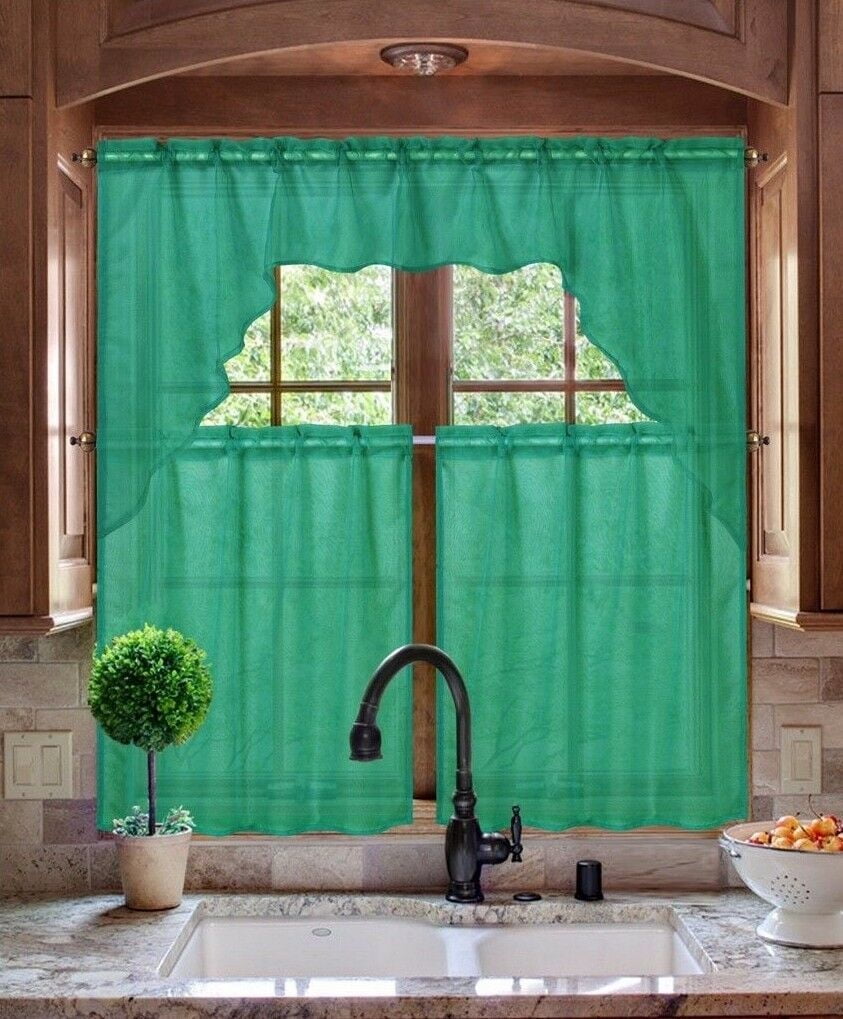 K66 HUNTER GREEN 3-PC Luxurious Sheer Organza Rod Pocket Window Curtain ...