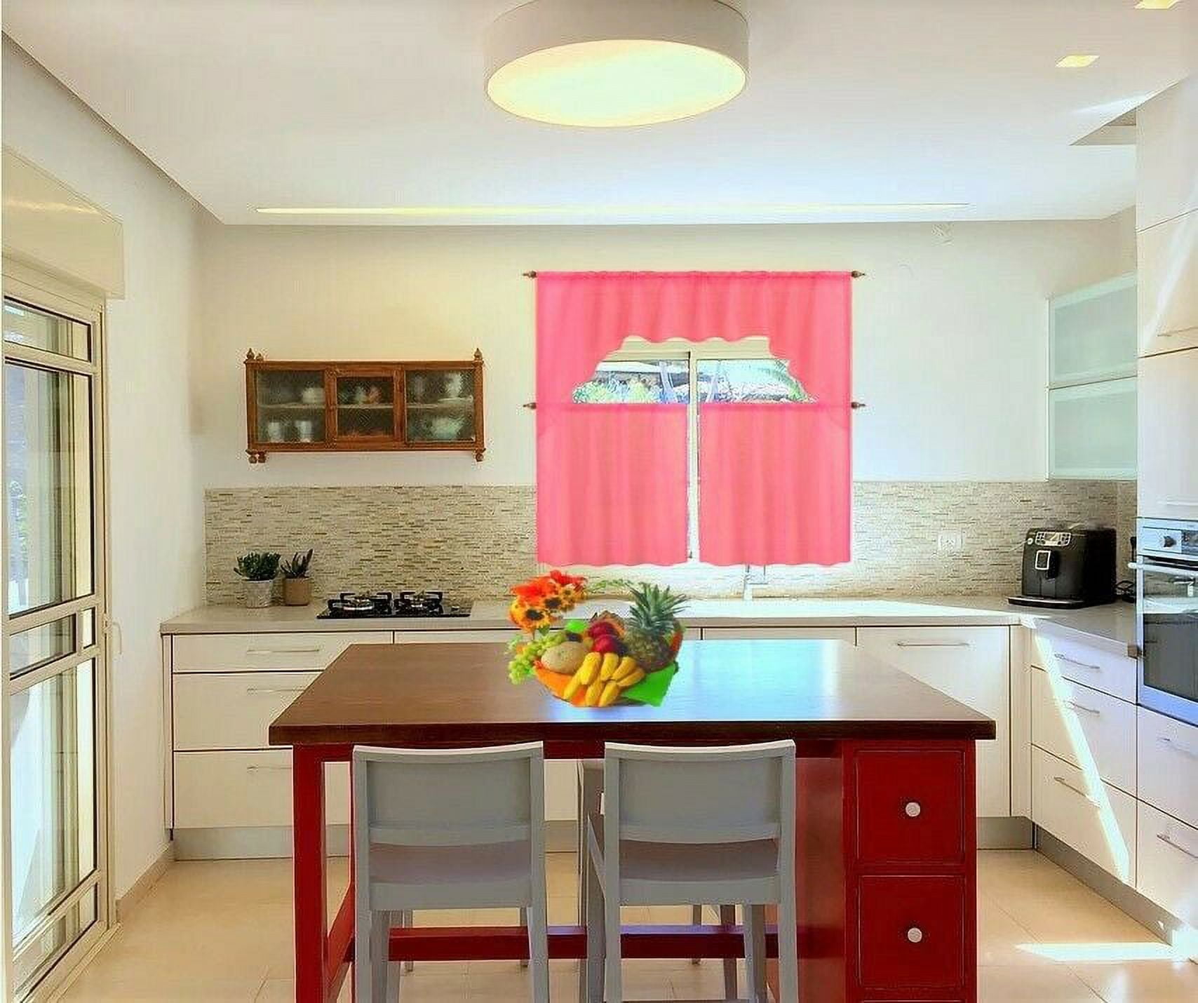 K66 Hot Pink Color Sheer Voile Rod Pocket Window Kitchen Curtain set of ...