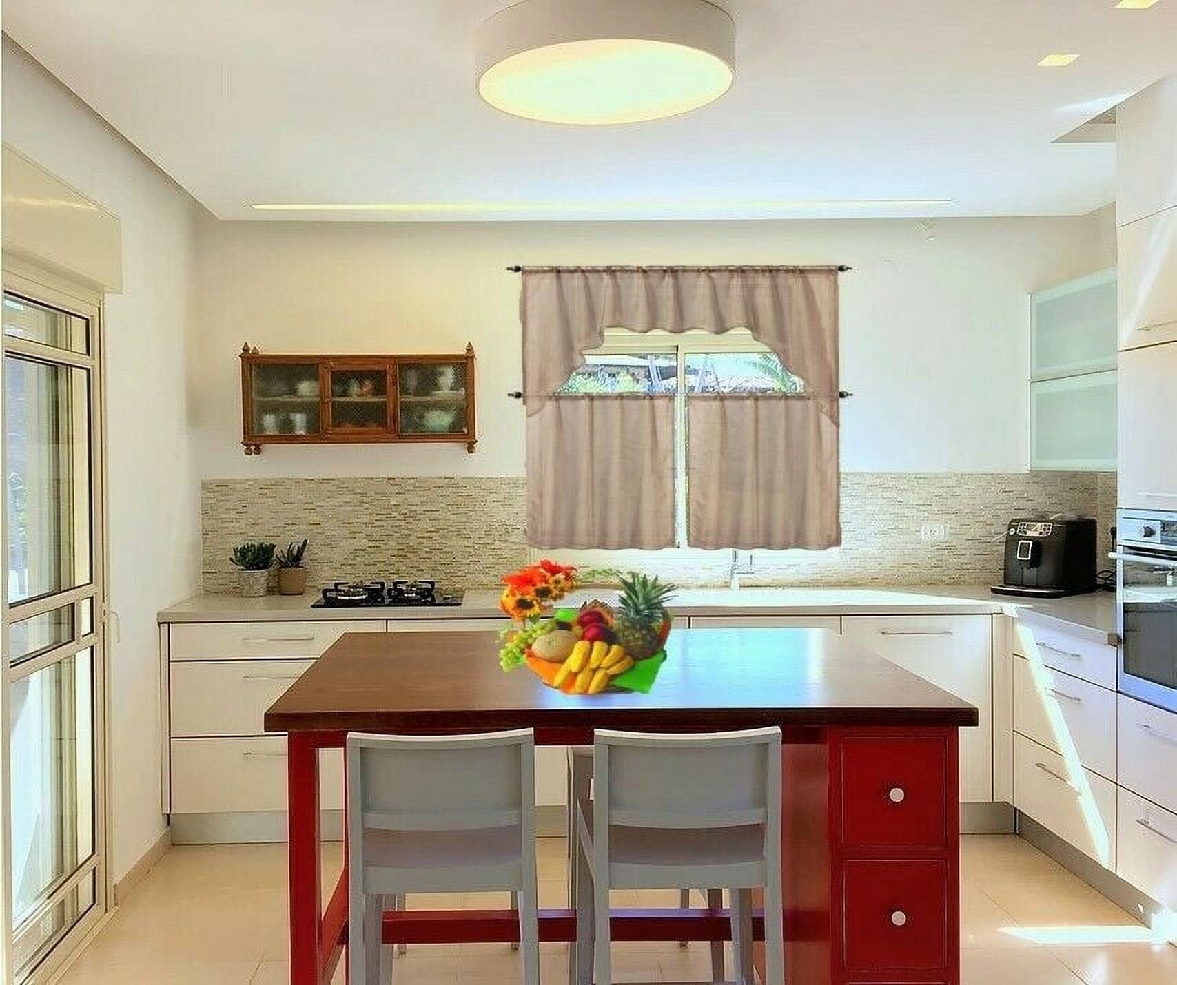 K66 Taupe Color Sheer Voile Rod Pocket Window Kitchen Curtain set of 3 pieces 2 Tier panels and ...