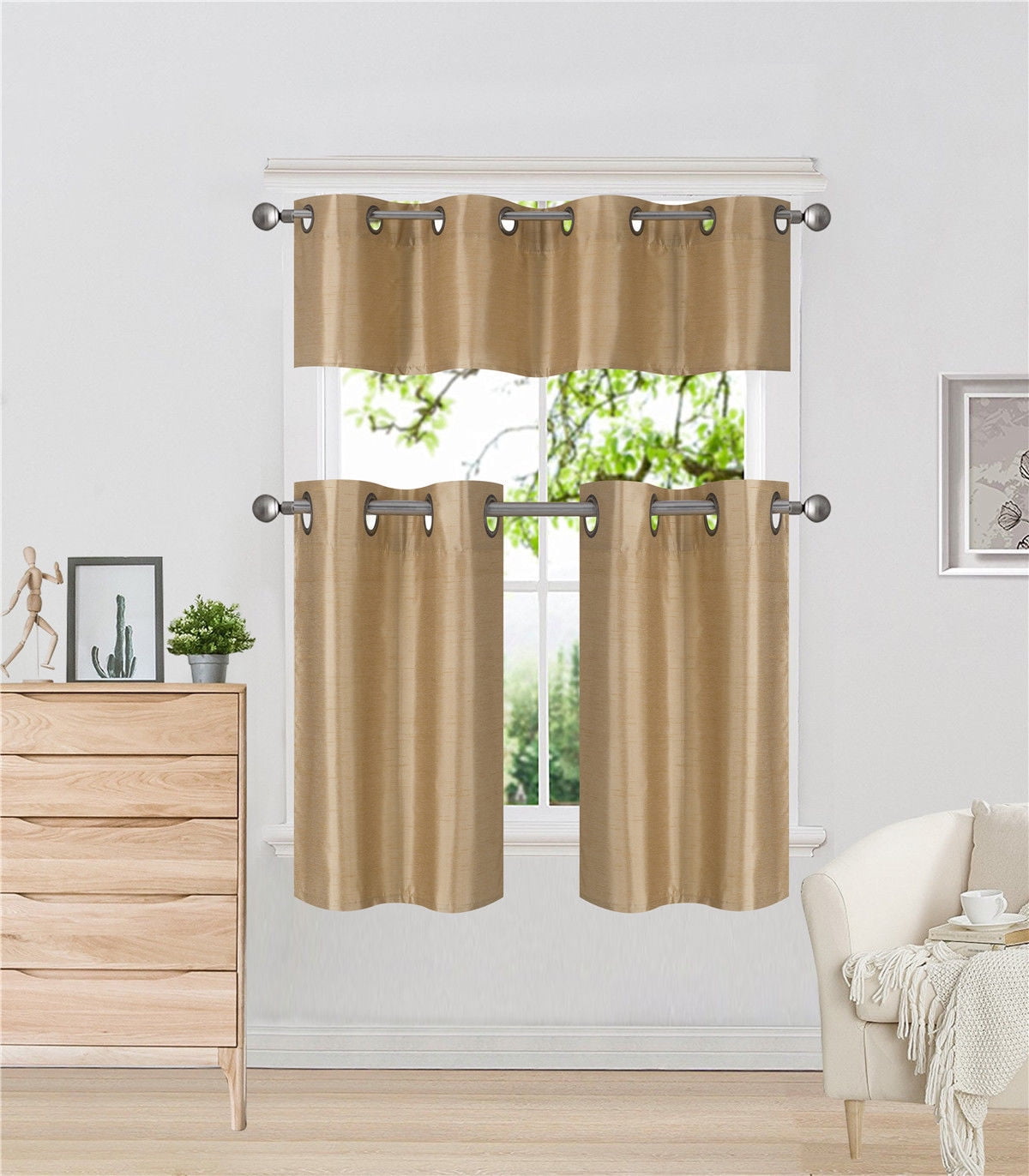 K7 Gold 3-Piece Solid Faux Silk Blackout Grommet Kitchen Window Curtain ...