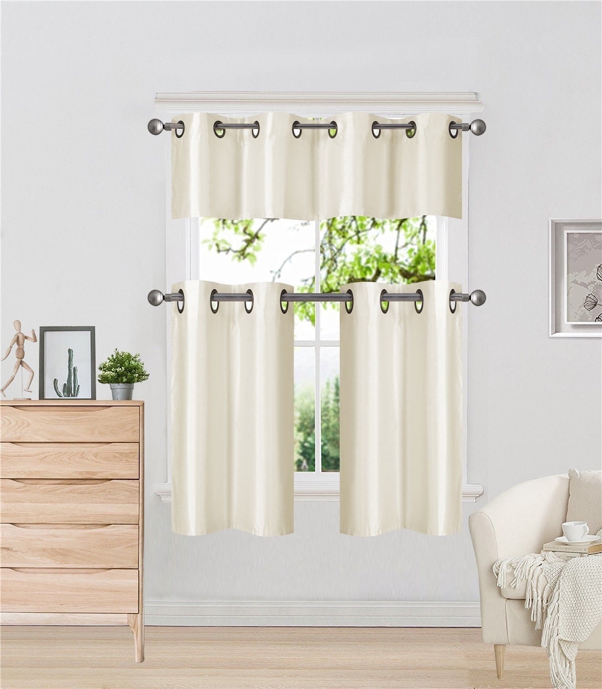 K7 Ivory 3-Piece Solid Faux Silk Blackout Grommet Kitchen Window ...