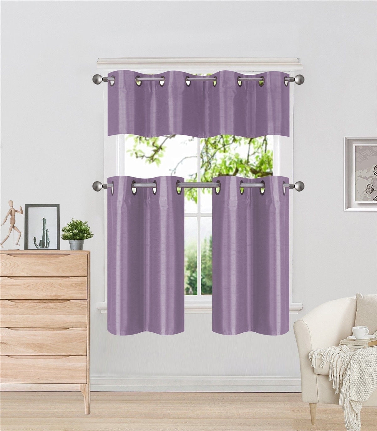 K7 Lilac 3-Piece Solid Faux Silk Blackout Grommet Kitchen Window ...