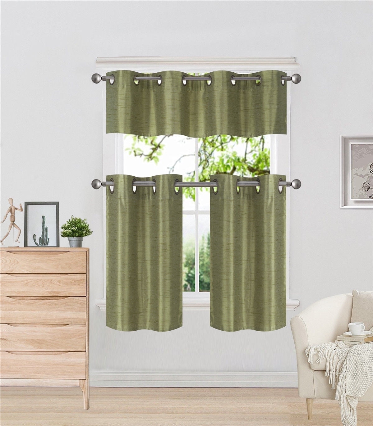 K7 3-Piece Lime Green Solid Faux Silk Blackout Kitchen Curtain Set with ...