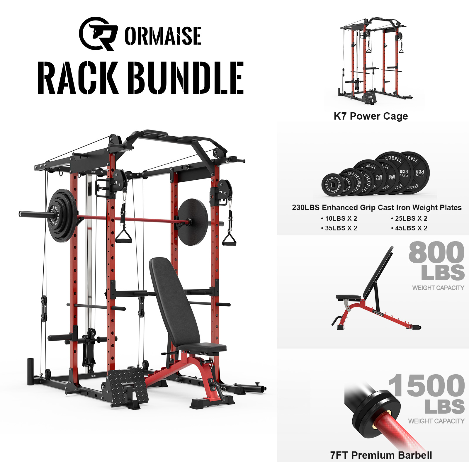 K7 Power Rack Cage, 1500LBS Weight Cage with 800LB Capacity Adjustable ...