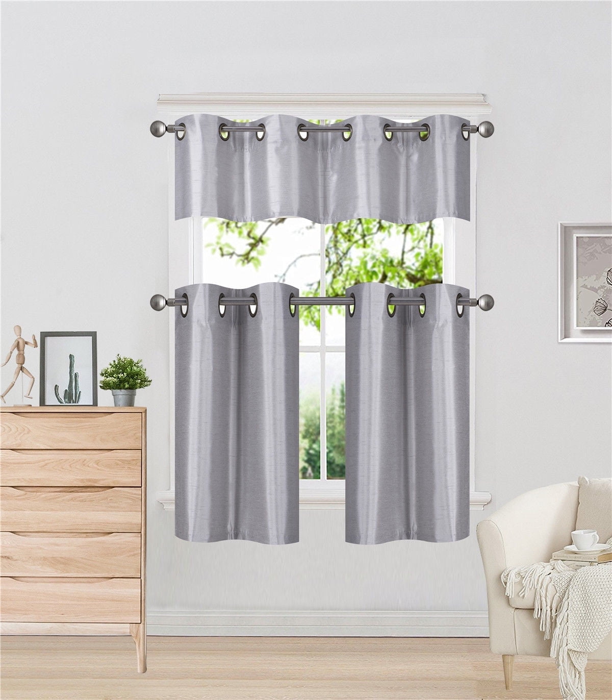 K7 Silver 3-Piece Faux Silk Blackout Kitchen Curtain Set, Two Lined ...