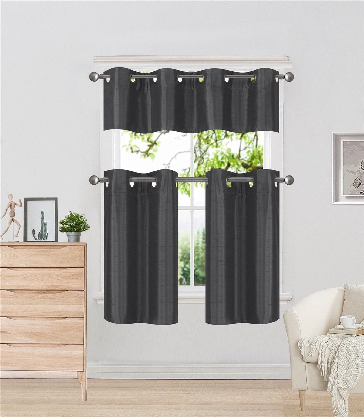 K7 Charcoal 3-Piece Blackout Grommet Kitchen Curtain Set: Two Lined ...