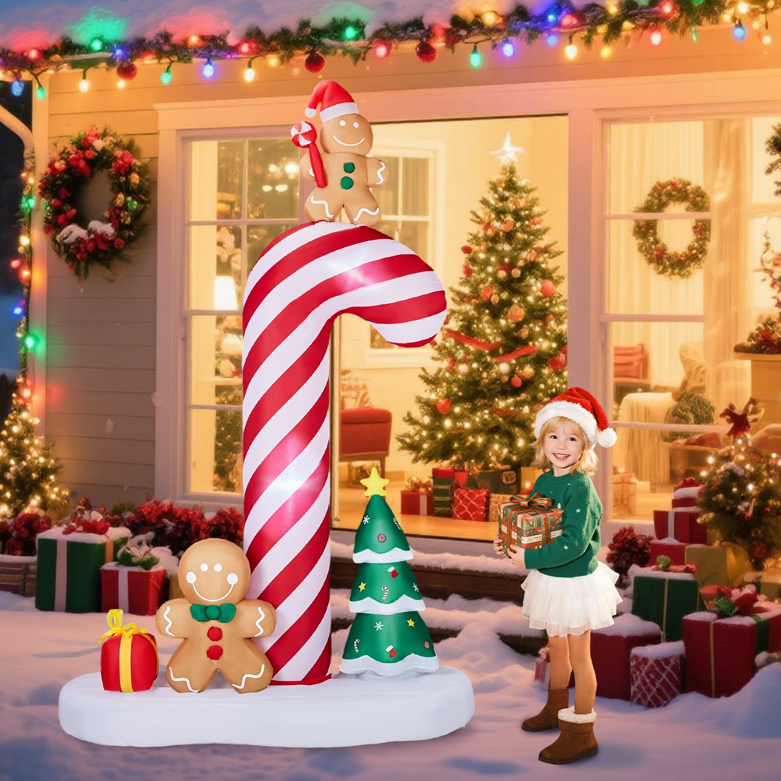 KAAYEE 8.2 FT Christmas Inflatables Candy Cane with Gingerbread Man ...