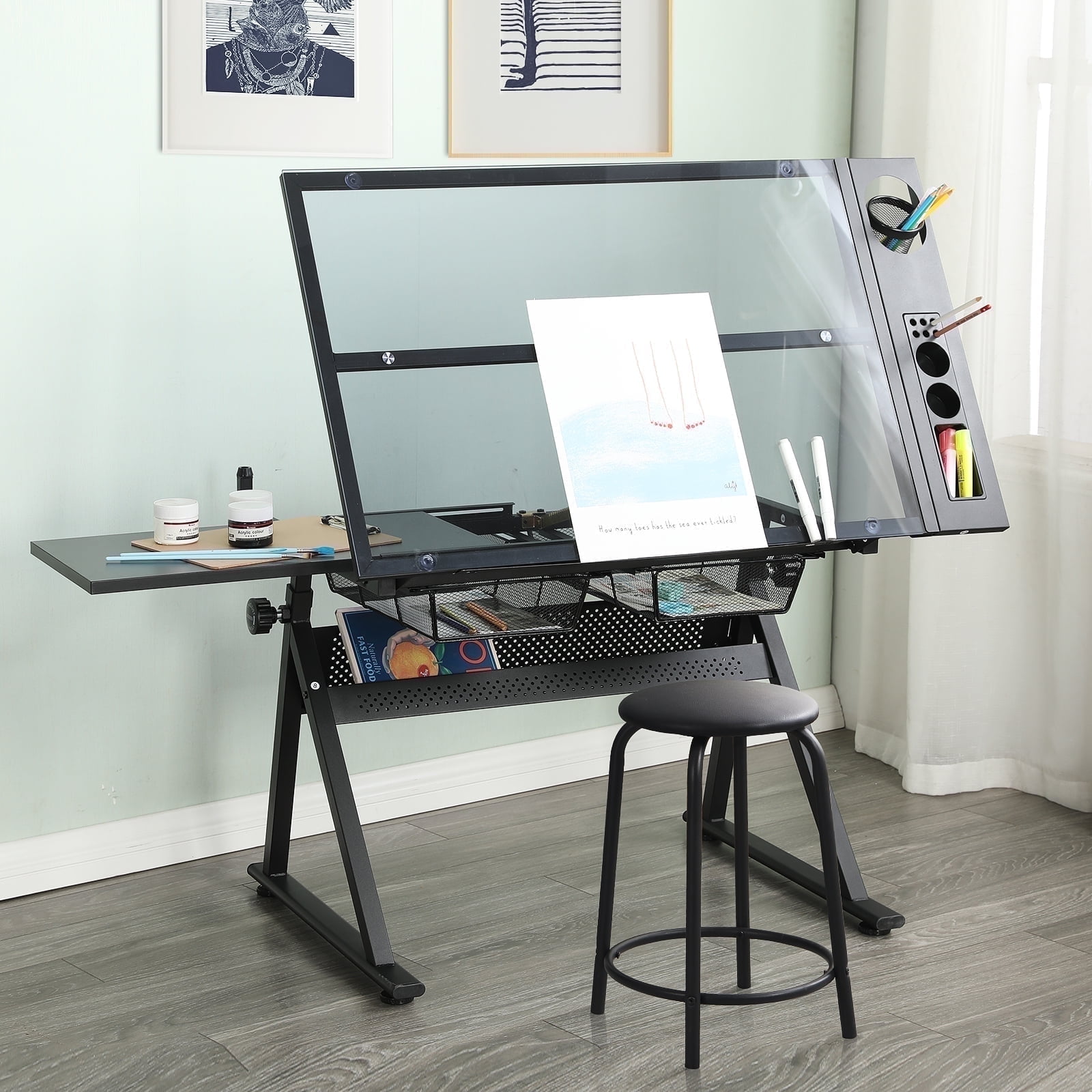 KAAYEE Adjustable Drafting Table with Glass Top, Art Drawing Desk with ...