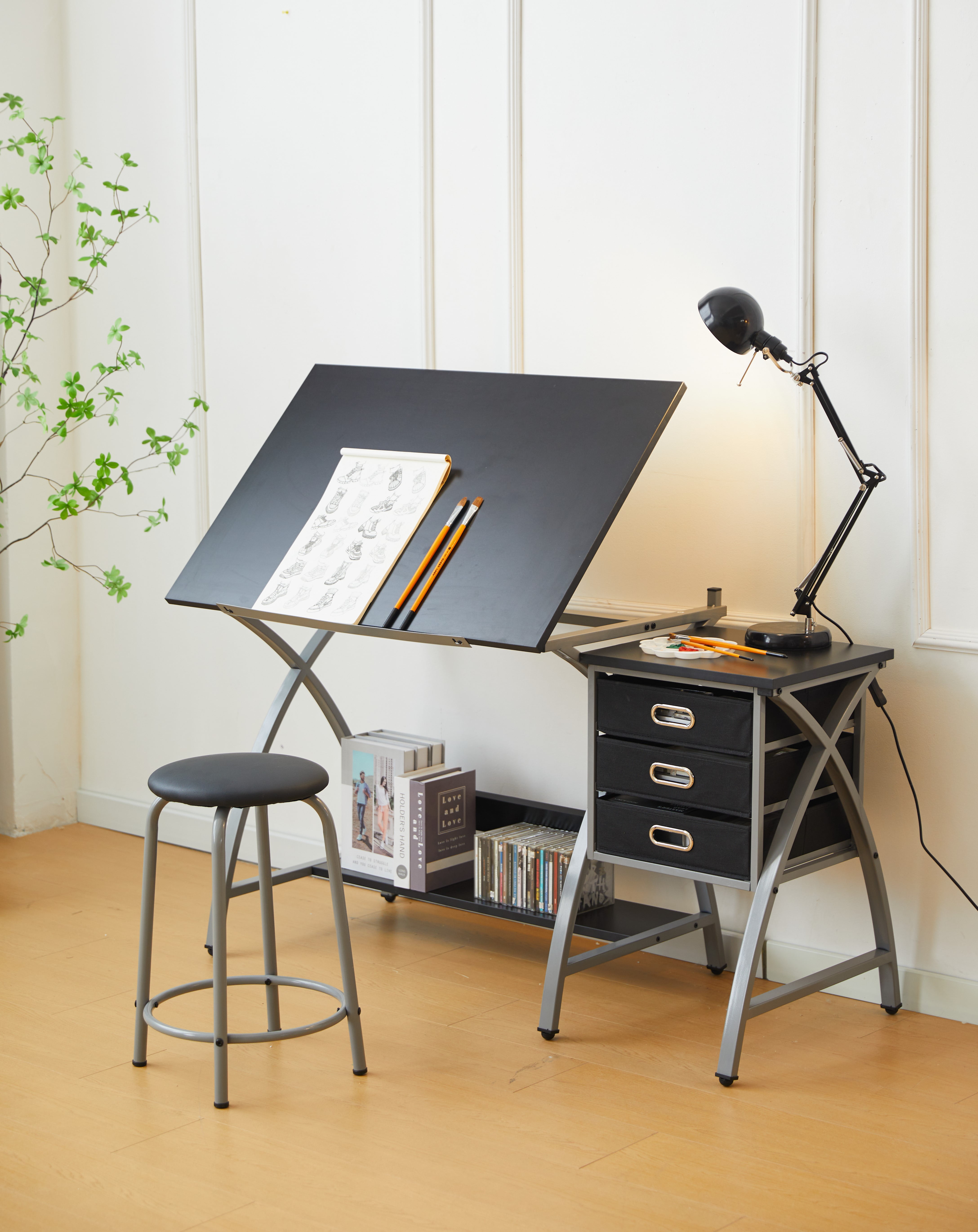 KAAYEE Drafting Tables Draft Drawing Desk w/Stool and Tiltable Tabletop ...