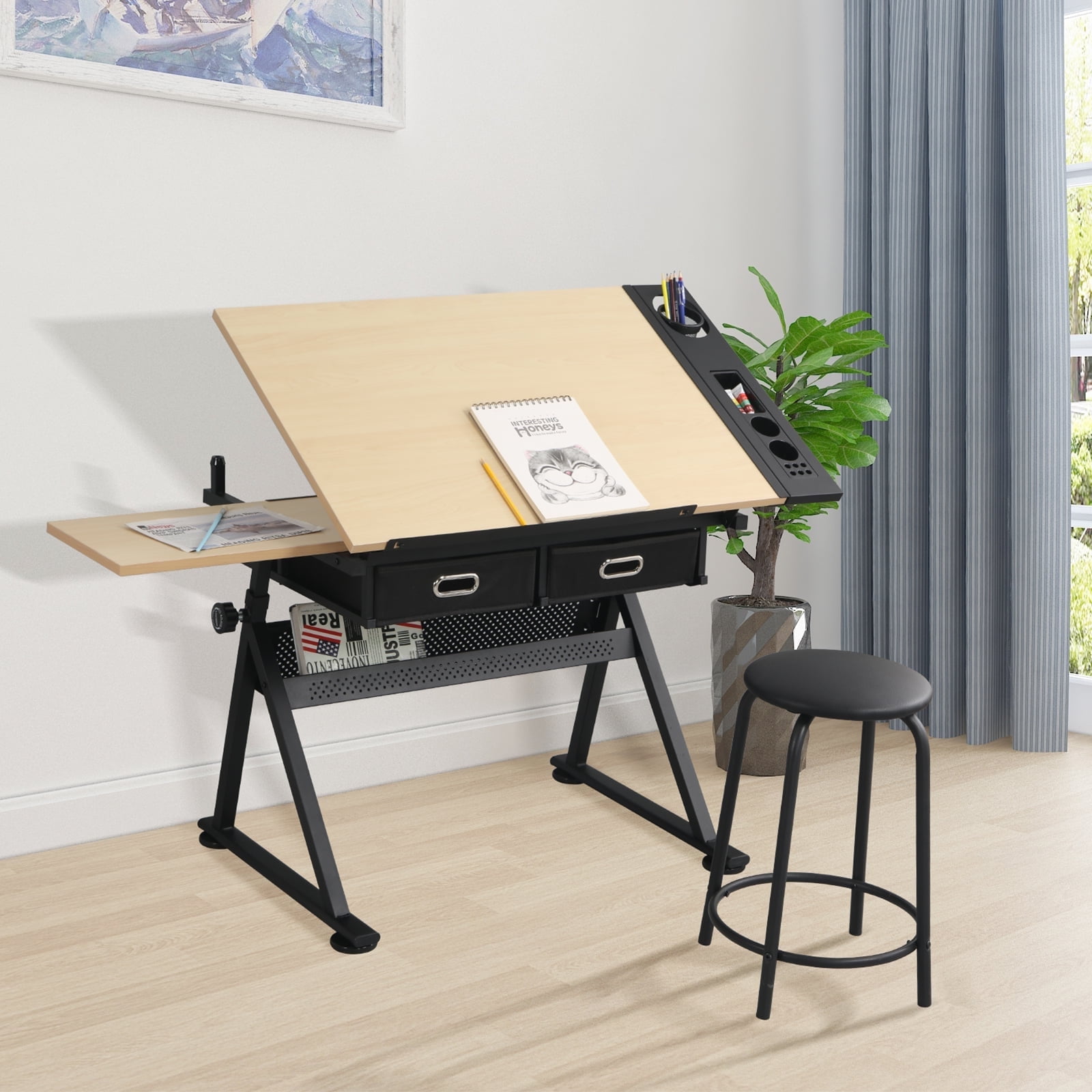 KAAYEE Height Adjustable Wooden Drafting Table Tilted Tabletop with 2 ...