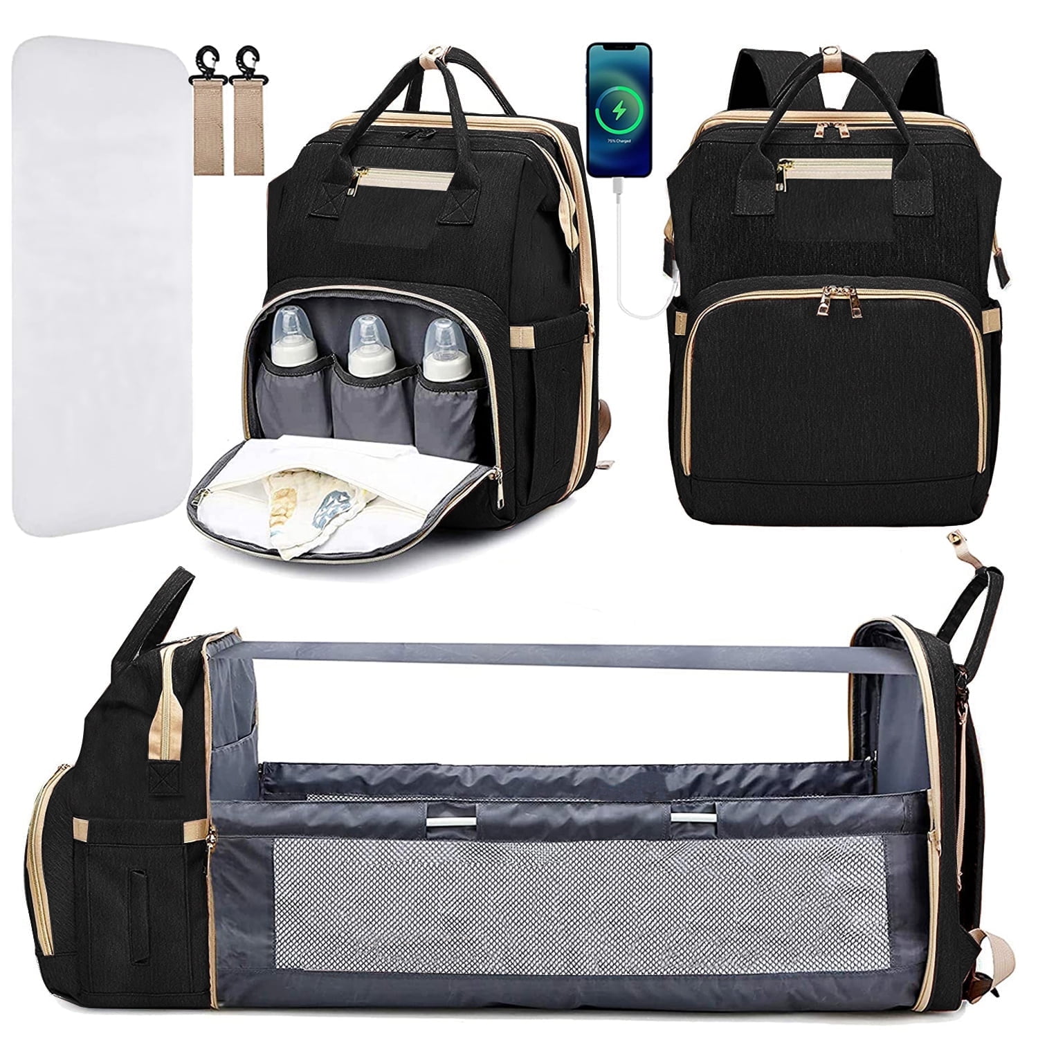 KABAQOO Baby Diaper Bag Backpack with Foldable Changing Station, USB ...