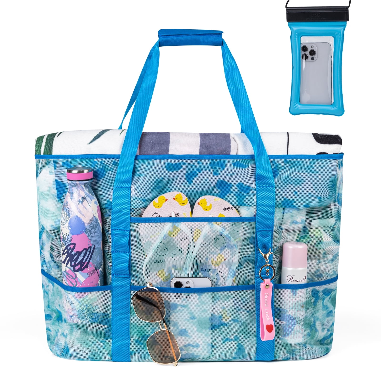 KABAQOO Large Mesh Beach Bag, Multipocket & Zipper, Waterproof ...