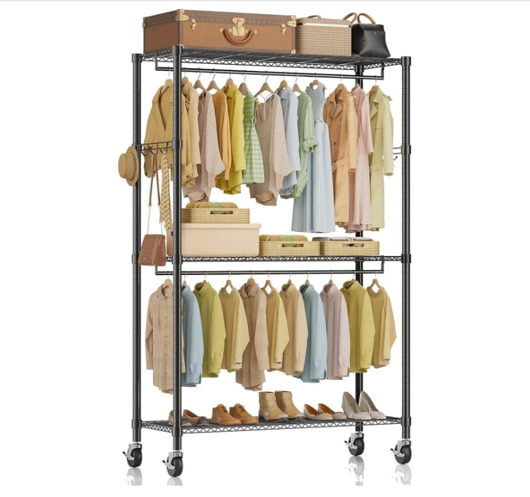 KABB 3 Tier Heavy Duty Rolling Garment Rack with Lockable Rollers,Large ...