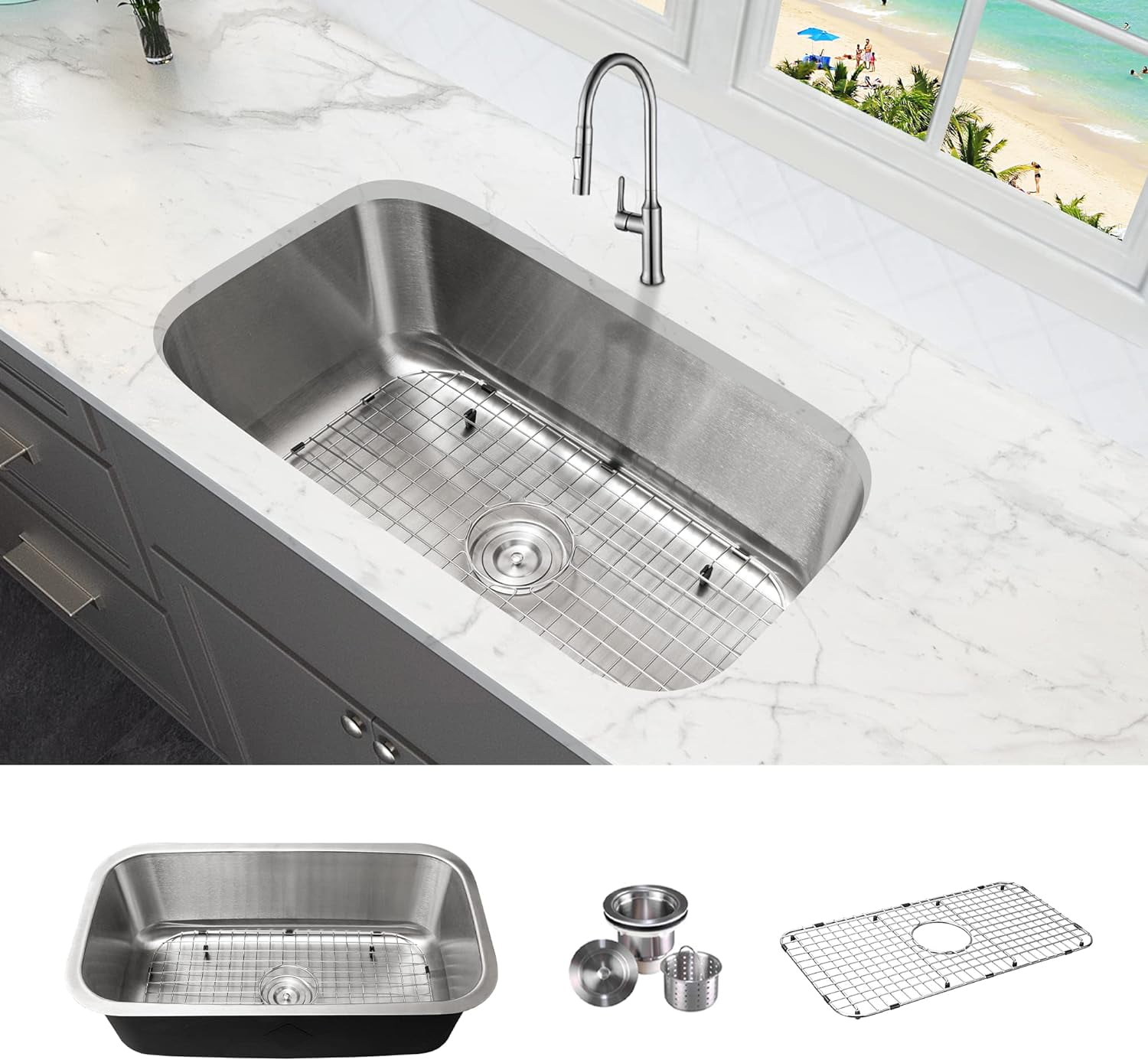 KABCO 30 Inch Single Bowl Undermount Stainless Steel Classic Kitchen ...