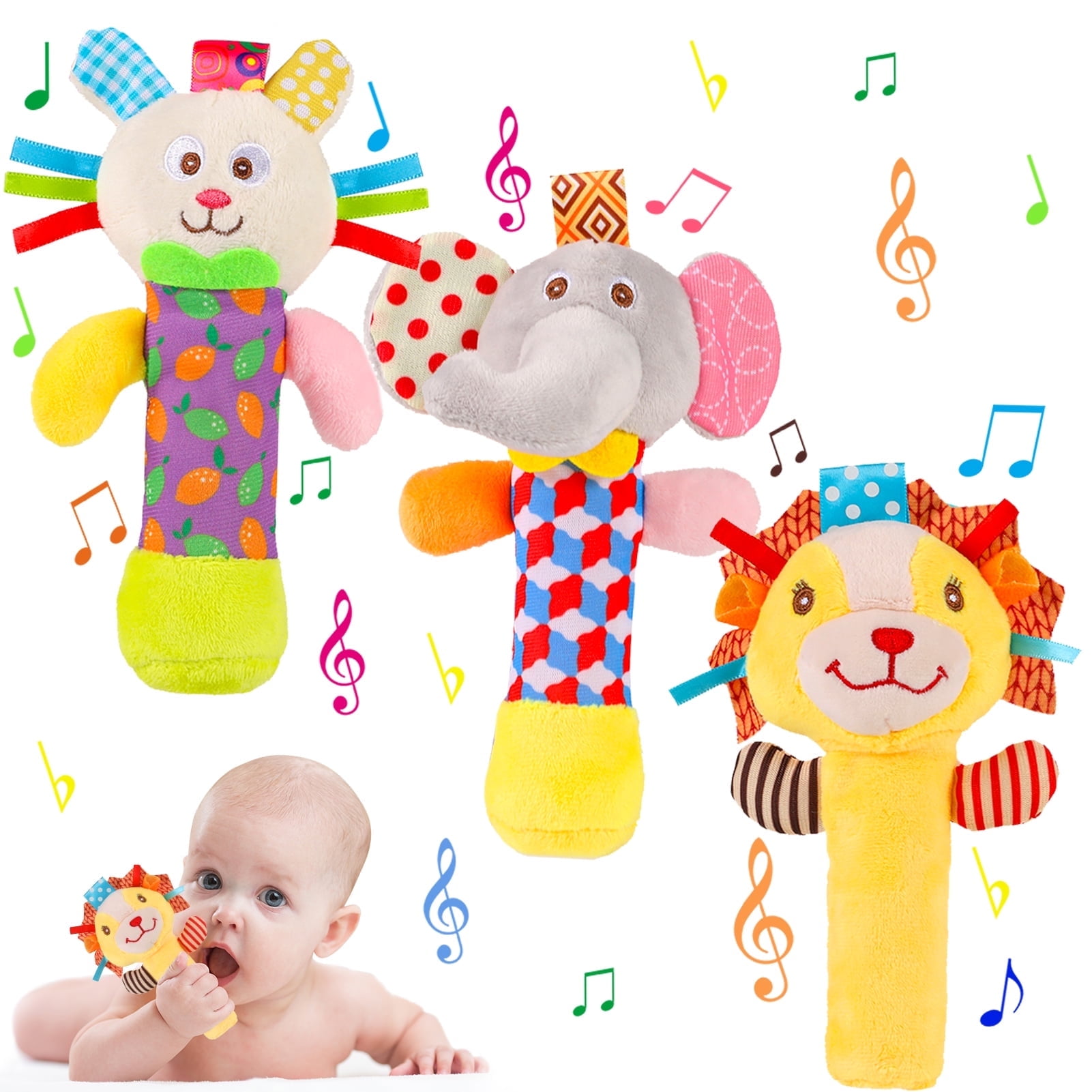 Kaboer Baby Rattle Toys, 3 Pcs Plush Animal Sensory Toys, Soft Non ...
