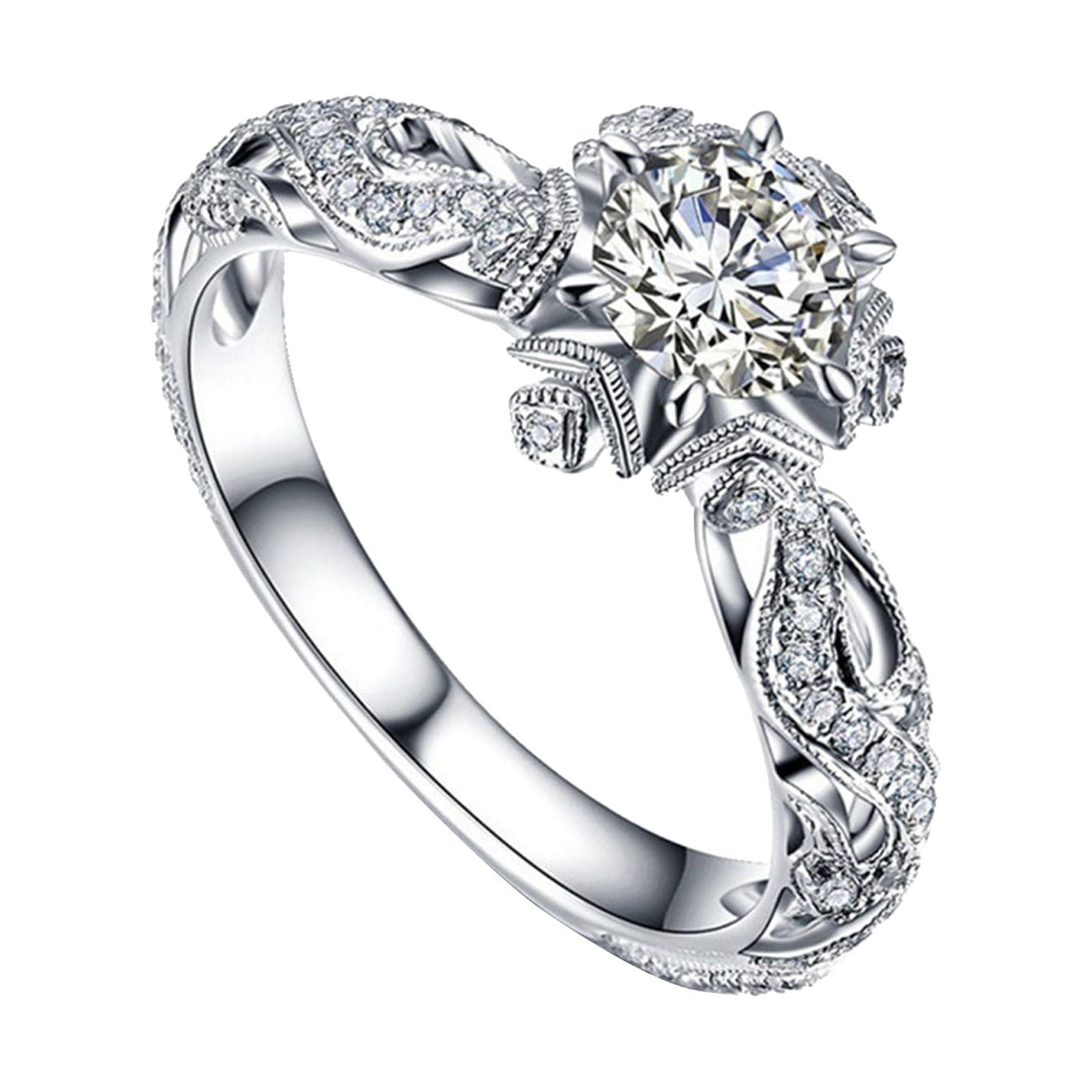 KABOER Women's Silver Shiny Zircon Ring Wedding Engagement Diamond Ring ...