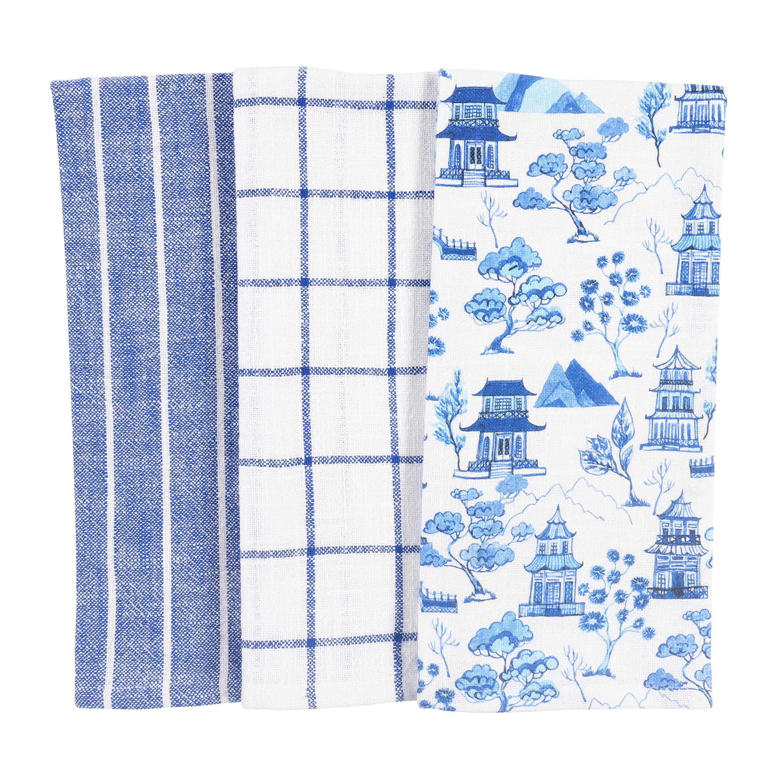 KAF Home Blue Willow Set of 3 Ultra Soft Absorbent Relaxed Casual ...