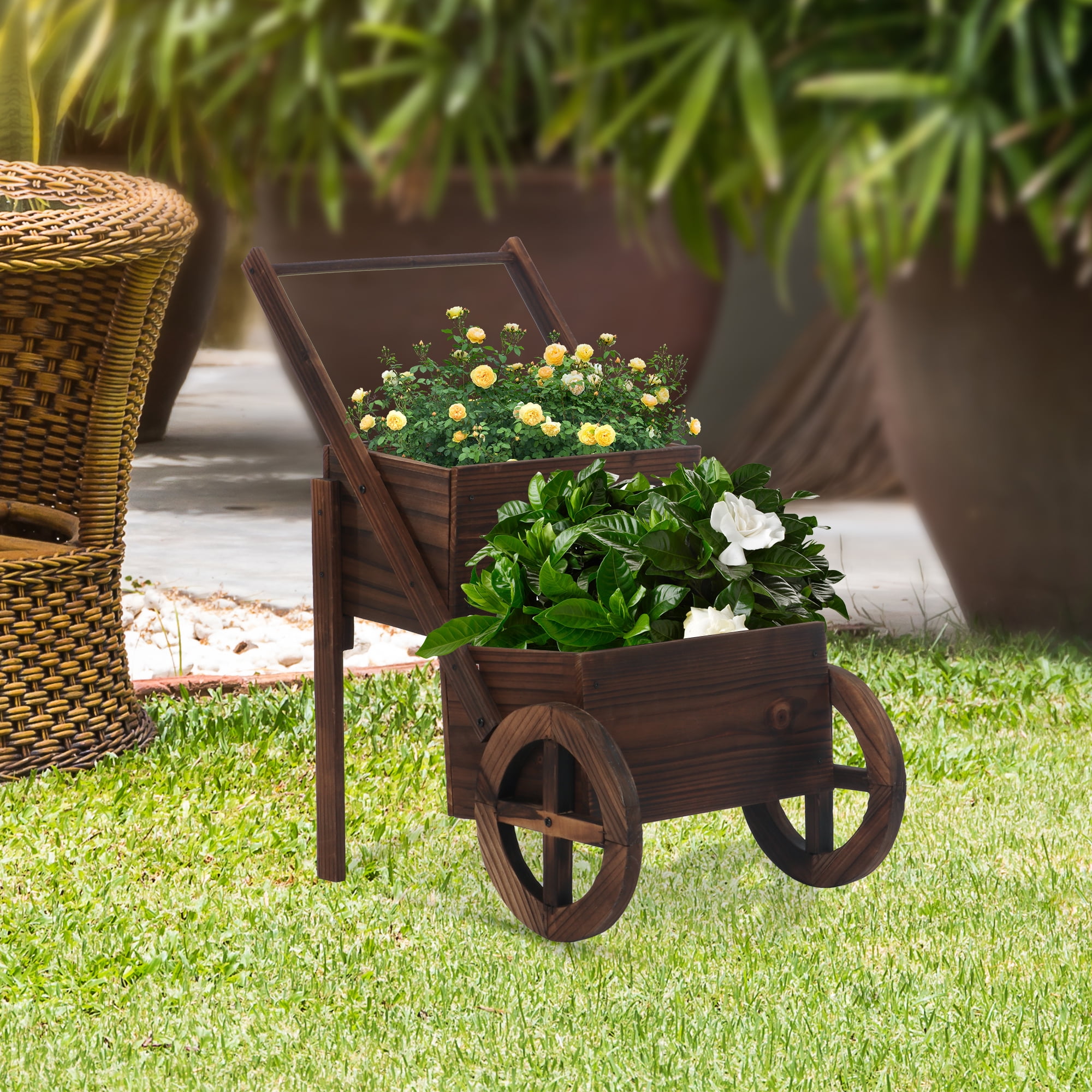 KAHOO Wooden Wagon Planter Cart 2 Tier Vertical Pot Flower Box Display ...