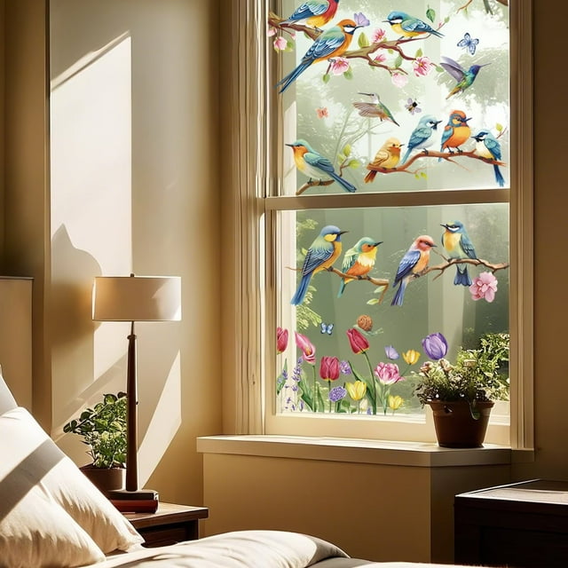 KAHSHEEN Summer Window Clings for Glass Window - Bird Butterfly Floral ...