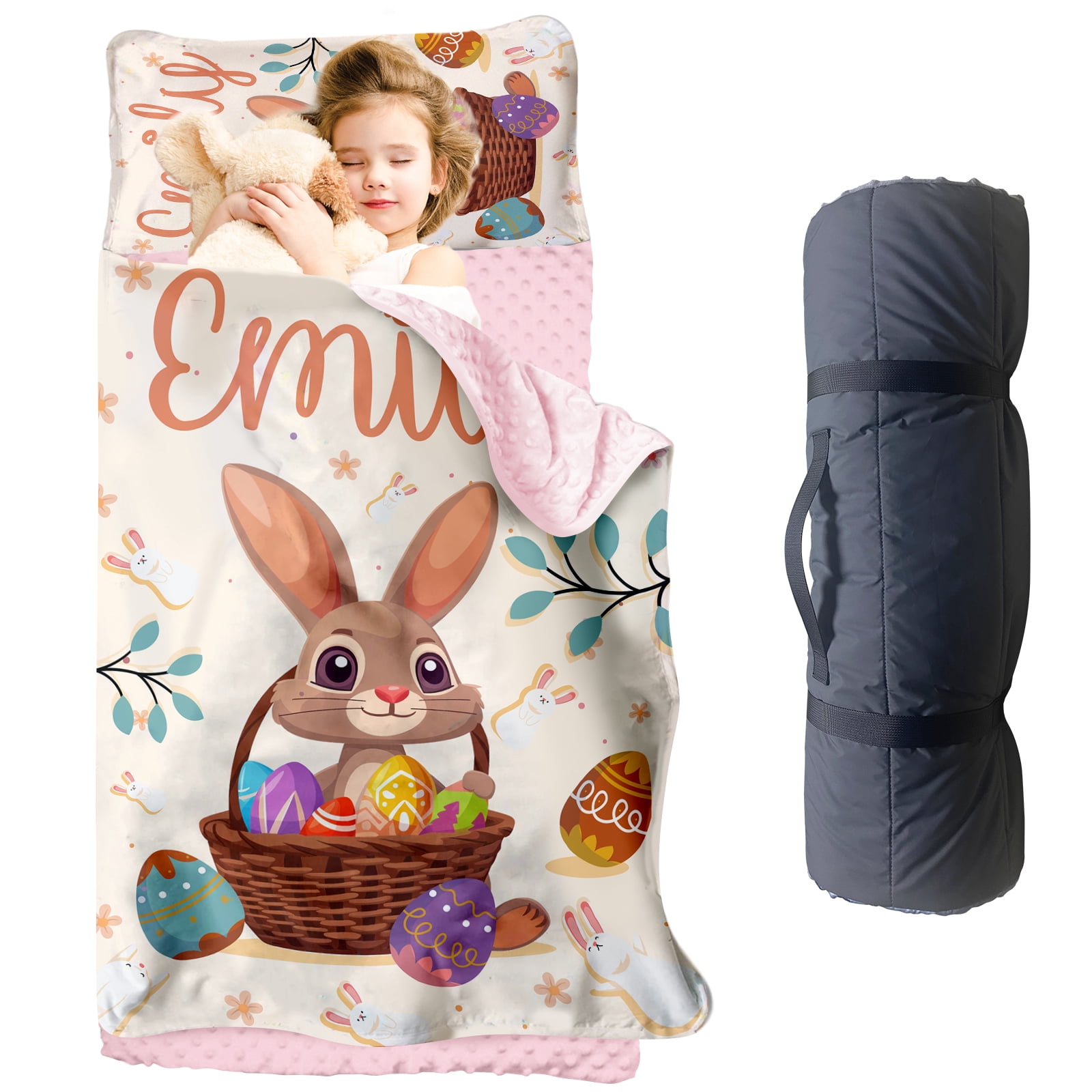 KAINSY Custom Name Nap Mat - Personalized Rabbit Kids Sleeping Bag with ...