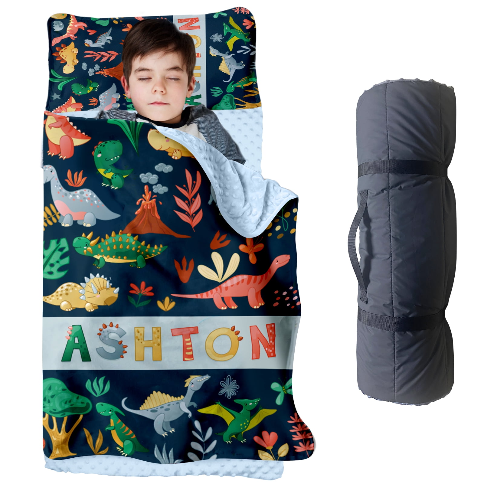 KAINSY Custom Name Nap Mat for Toddlers - Personalized Navy Dinosaur ...