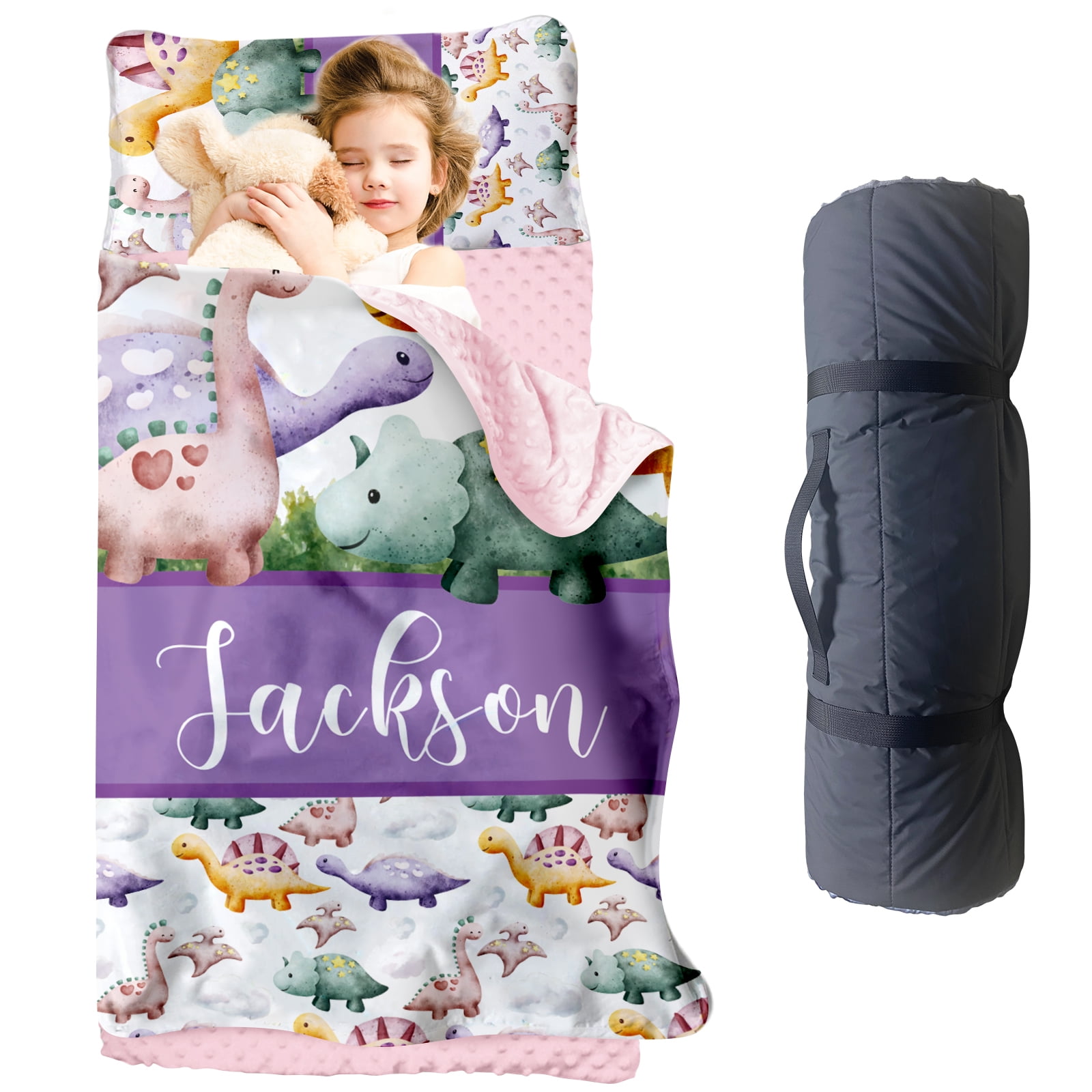 KAINSY Custom Name Toddler Nap Mat - Personalized Purple Dinosaur Kids ...