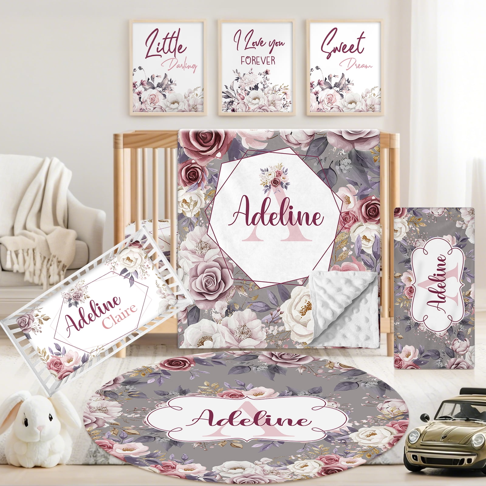 KAINSY Personalized Baby Crib Bedding Set,5 Pcs Custom Name Nursery ...