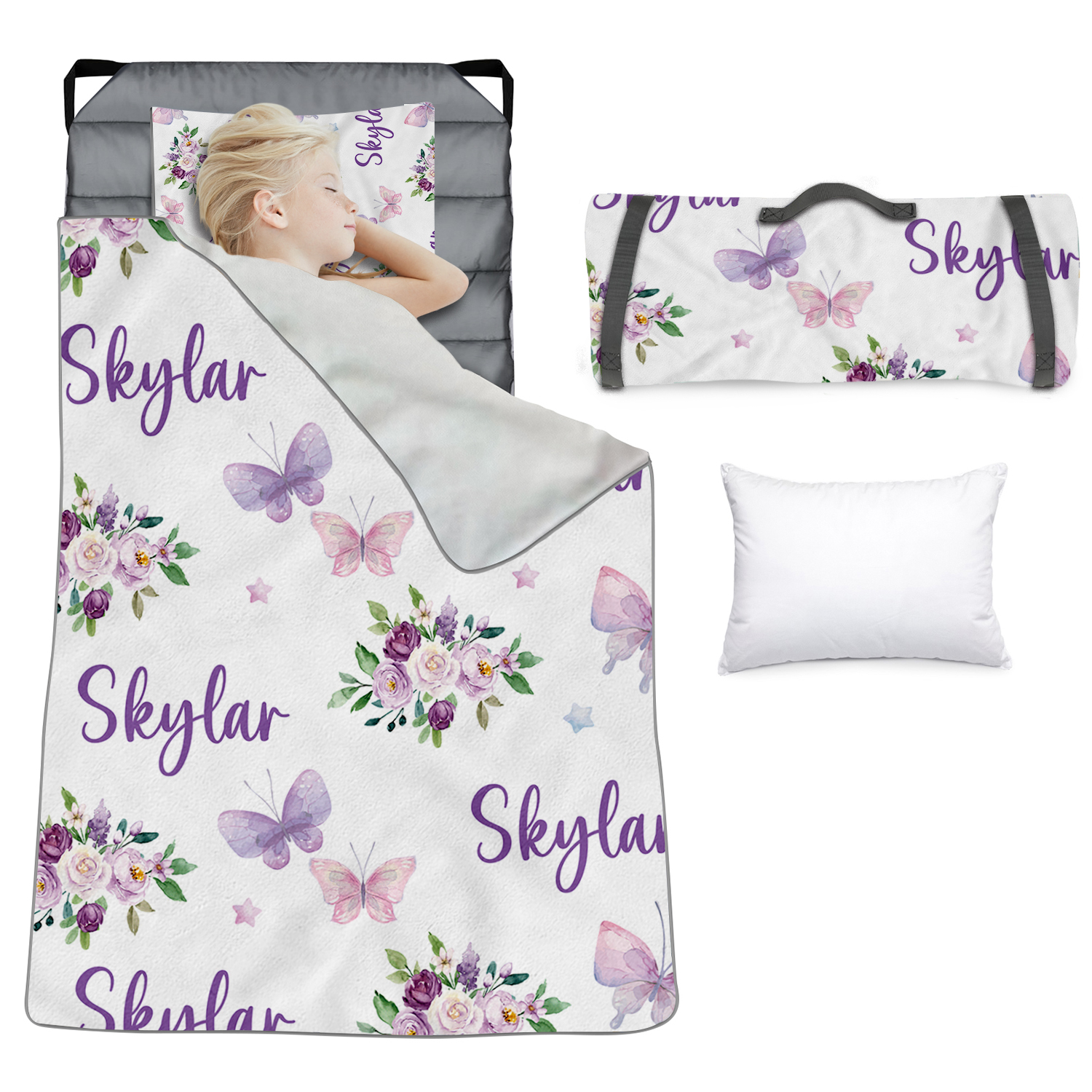 KAINSY Personalized Toddler Nap Mat for Girls–Purple Butterfly Flower ...