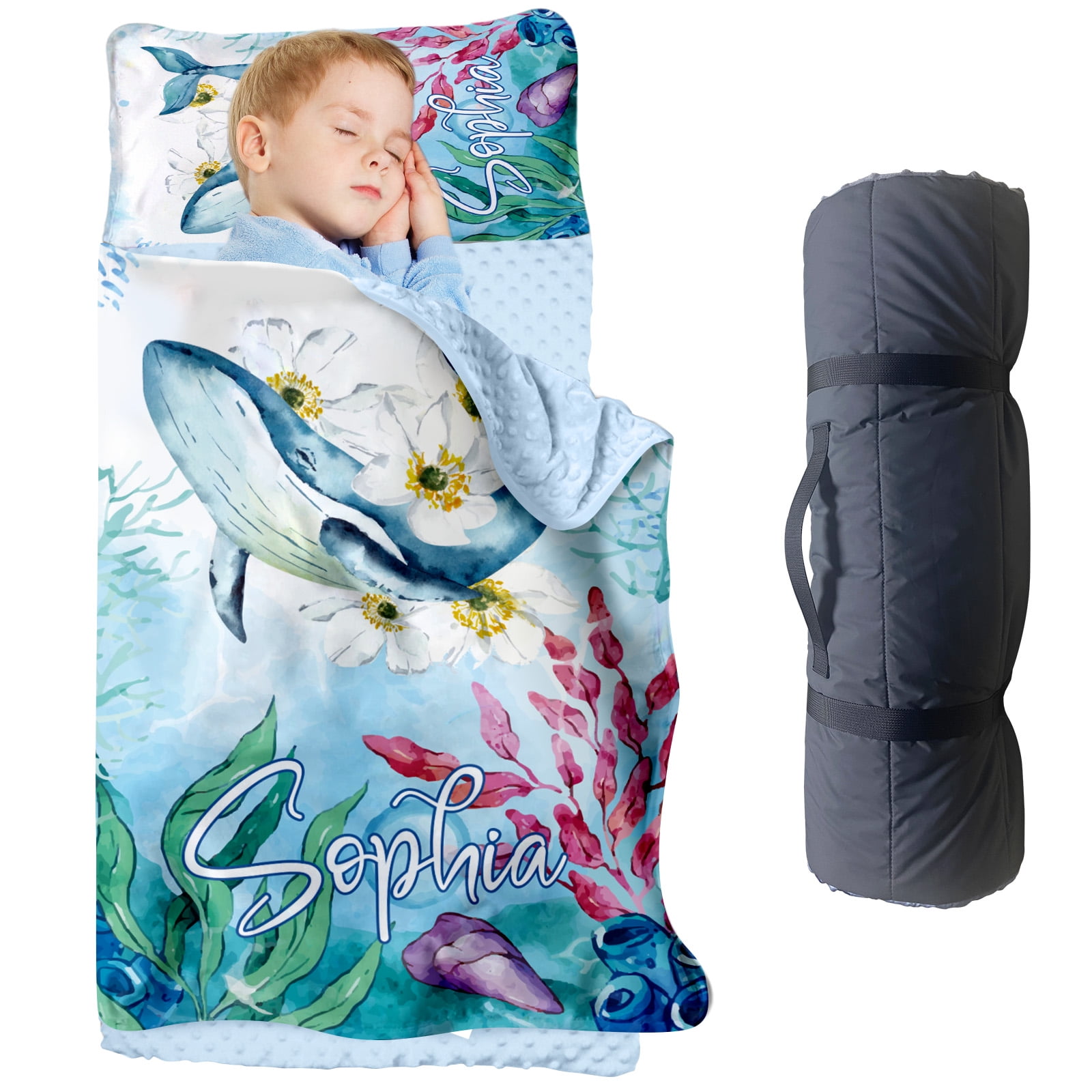 KAINSY Personalized Whale Toddler Nap Mat - Custom Name Slumber Bag ...