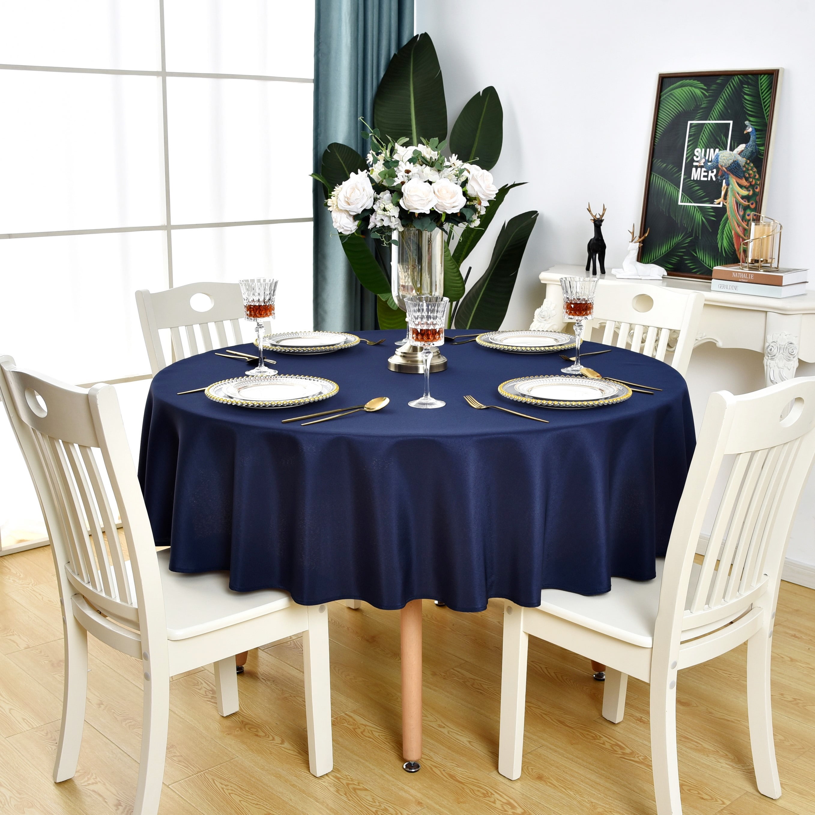KAIPHO Navy Blue Round Tablecloth Waterproof Stain Resistant Wrinkle ...