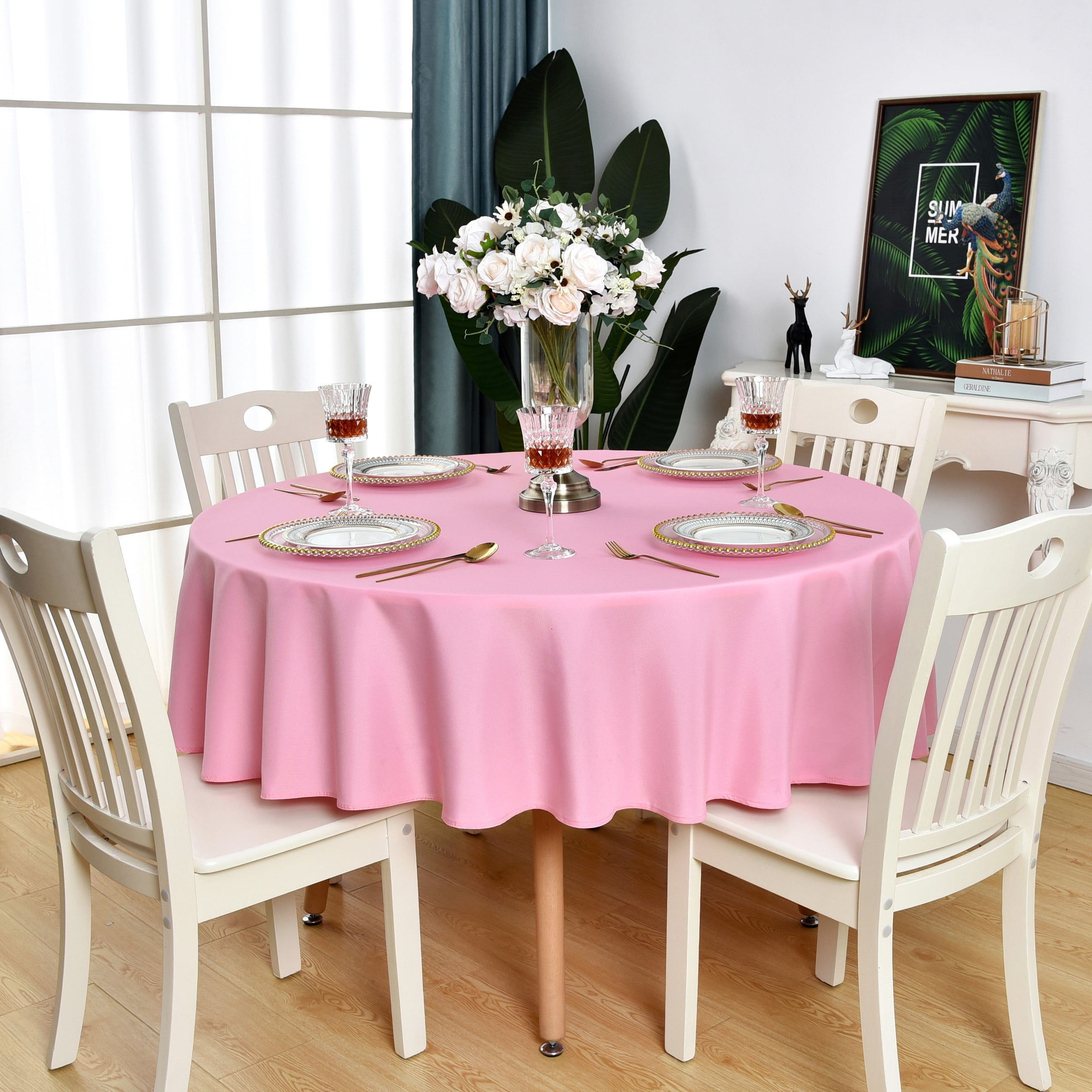 KAIPHO Pink Round Tablecloth Waterproof Stain Resistant Wrinkle Free ...
