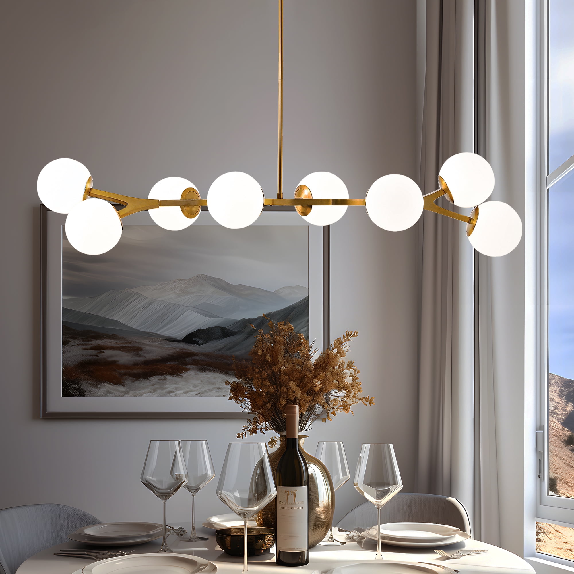 KAISITE Gold Sputnik Chandelier, 8-Light Milky Glass Shade, Adjustable ...