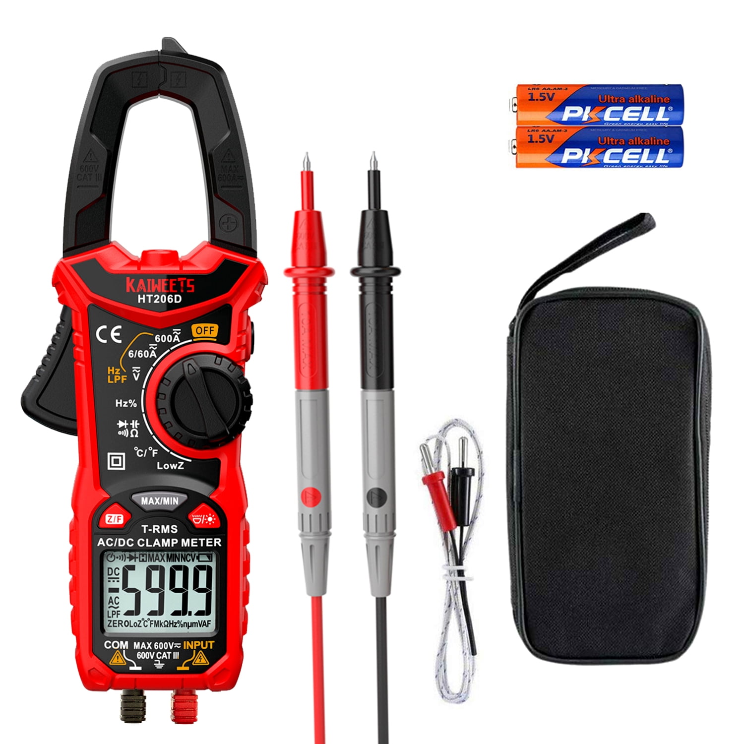 KAIWEETS HT206D Digital Clamp Meter T-RMS 6000 Counts, Multimeter ...
