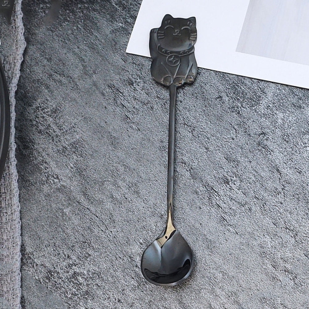 KAJNBN Black Stainless Steel Luck Cat Dessert Spoon for Eating Coffee ...